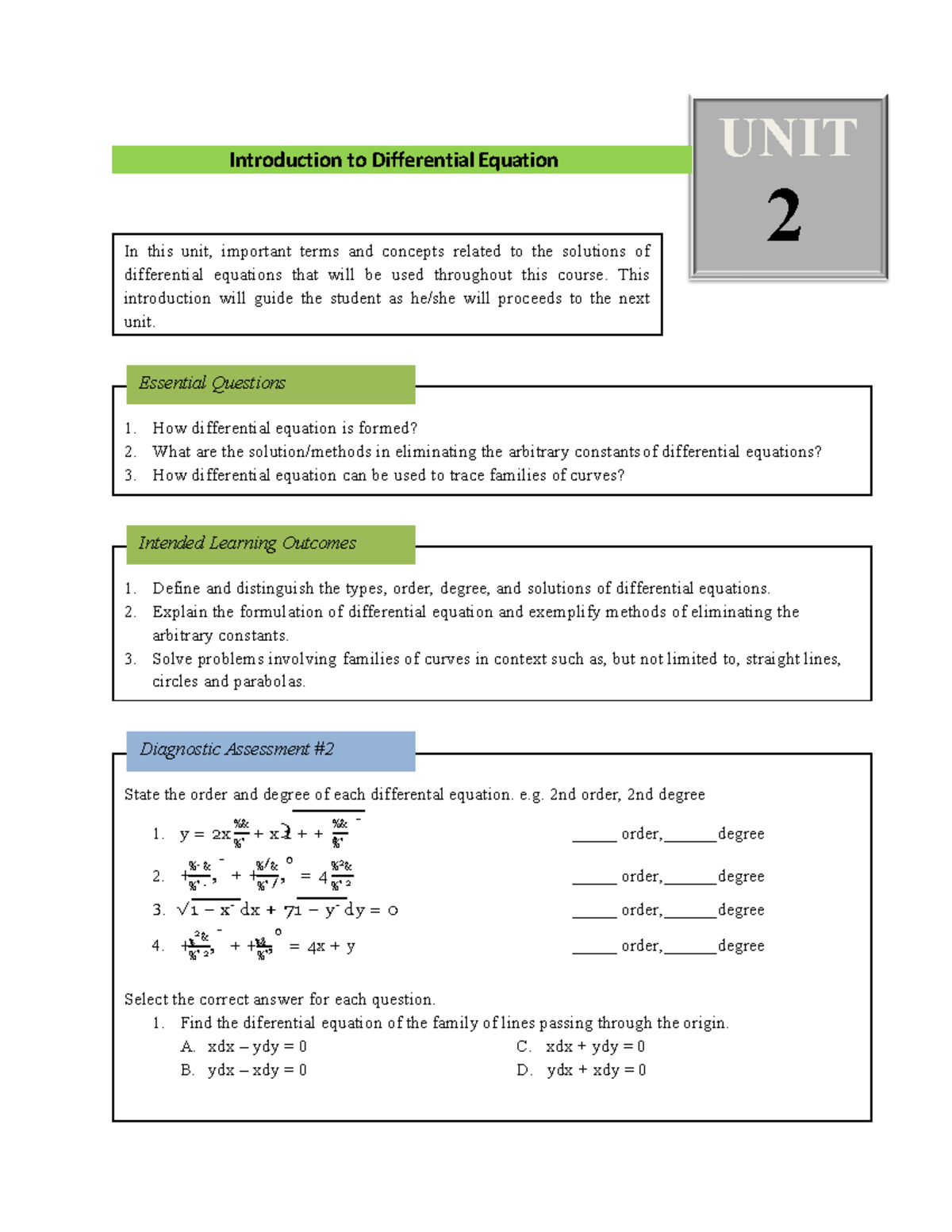 Differentia 1 Equation Unit2 - UNIT 2 In this unit, important terms and ...