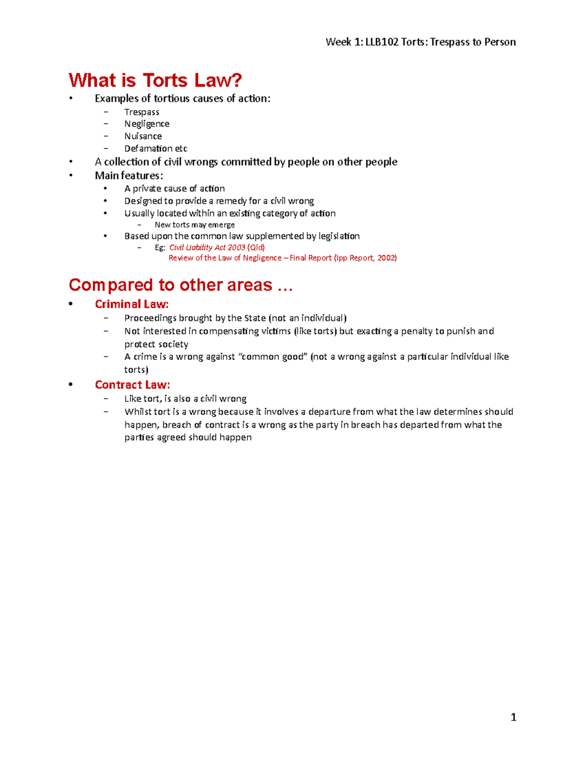 LLB102 L01 Sum - Lecture notes 1 - What is Torts Law? Examples of ...