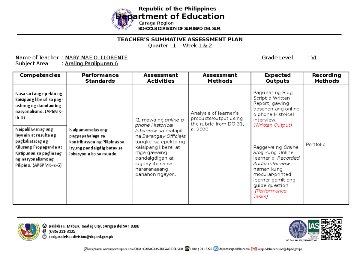 AP6 Summative Assessment Plan with Integration - Department of ...