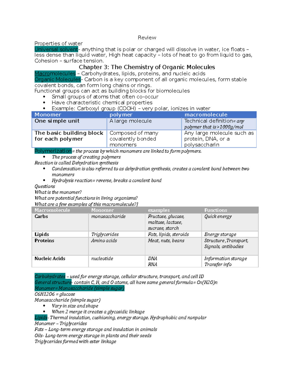 Chapter 3 biology - Review Properties of water Universal solvent ...