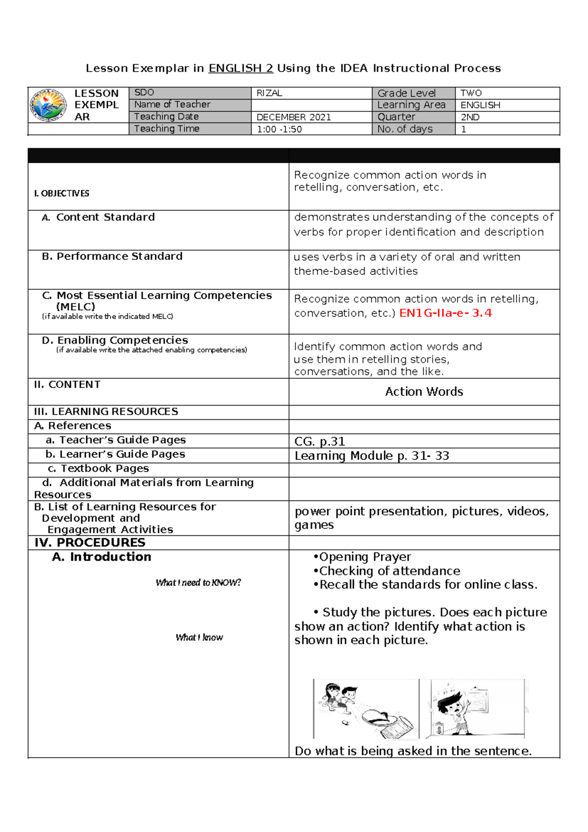 Exemplar- English - Q2 Action Words - Lesson Exemplar in ENGLISH 2 ...