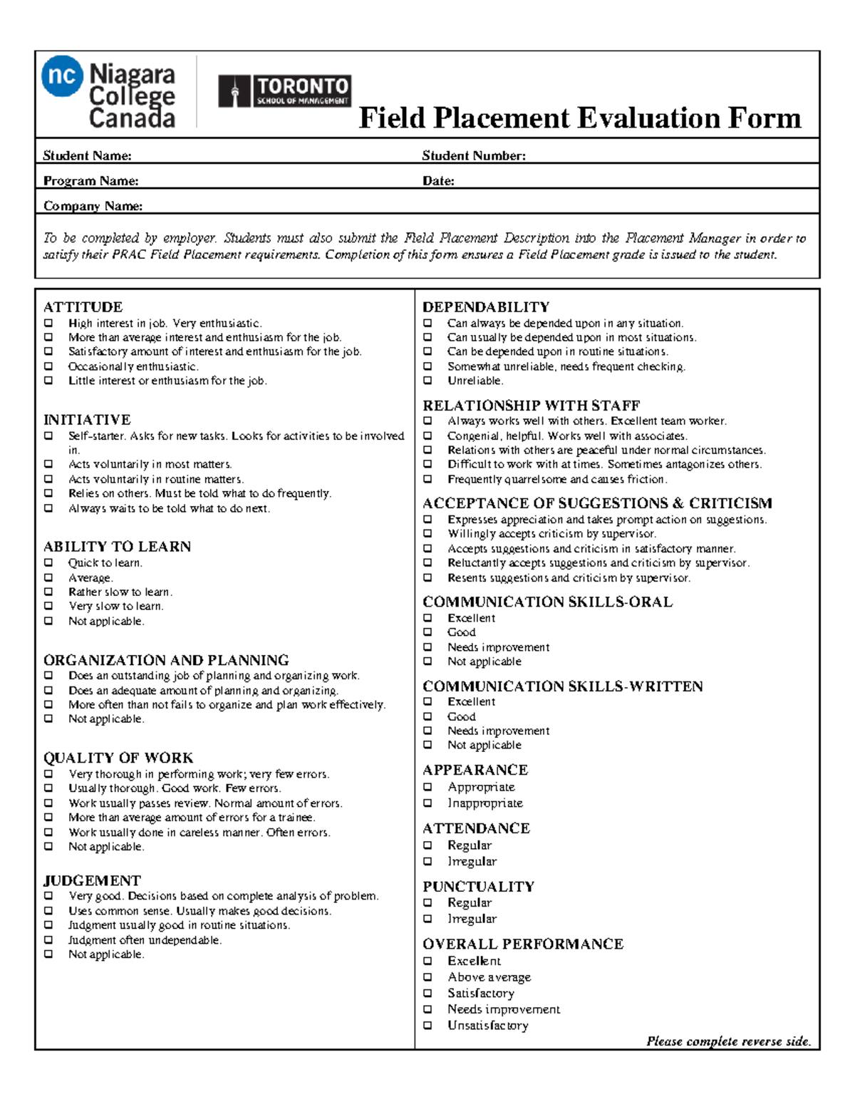 Field Placement Evaluation - Student Name: Student Number: Program Name ...