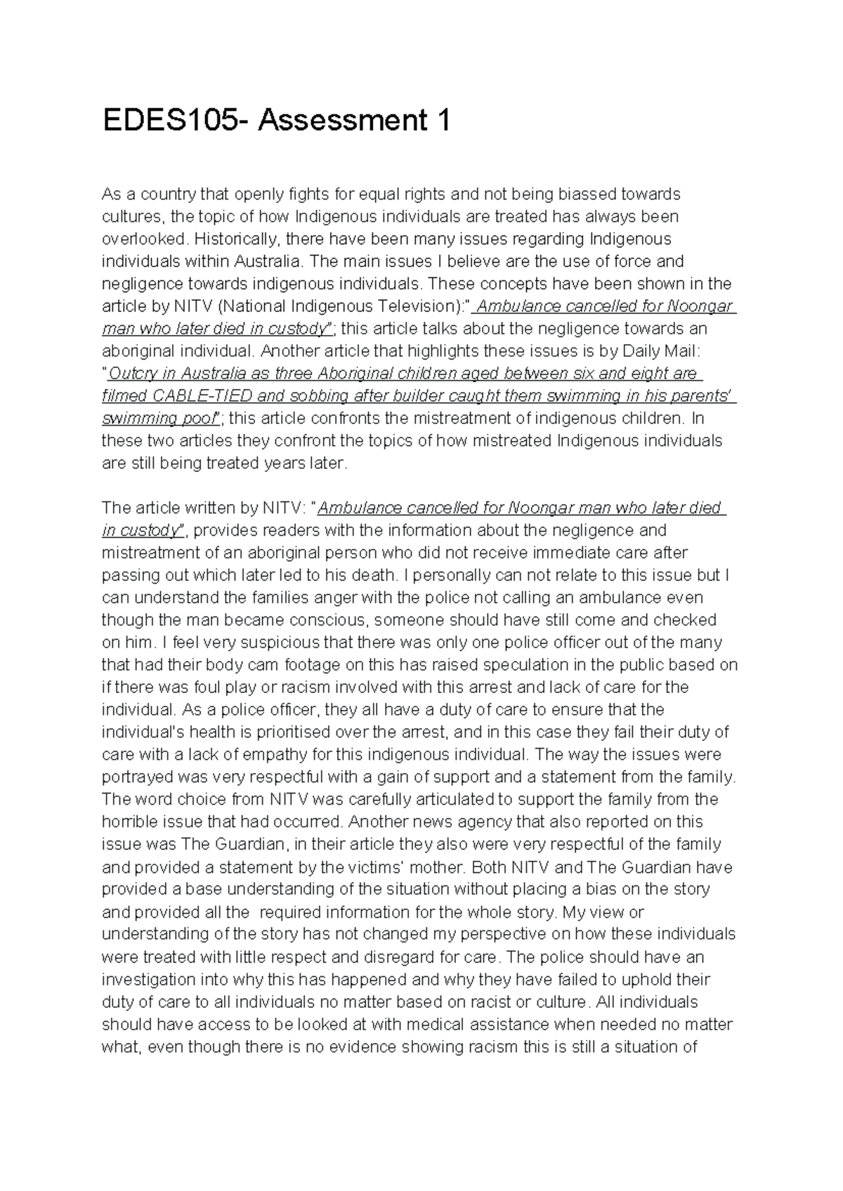 EDES105- Assessment 1-3 - EDES105- Assessment 1 As a country that ...