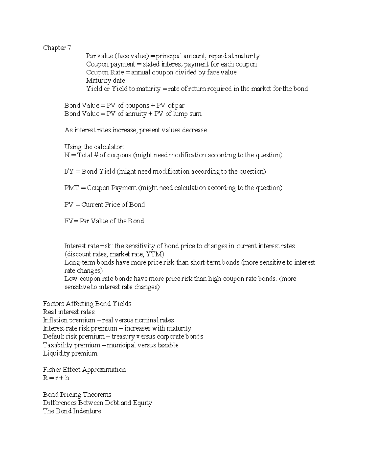 Midterm 2 Review - n/a - Chapter 7 Par value (face value) = principal amount, repaid at maturity ...