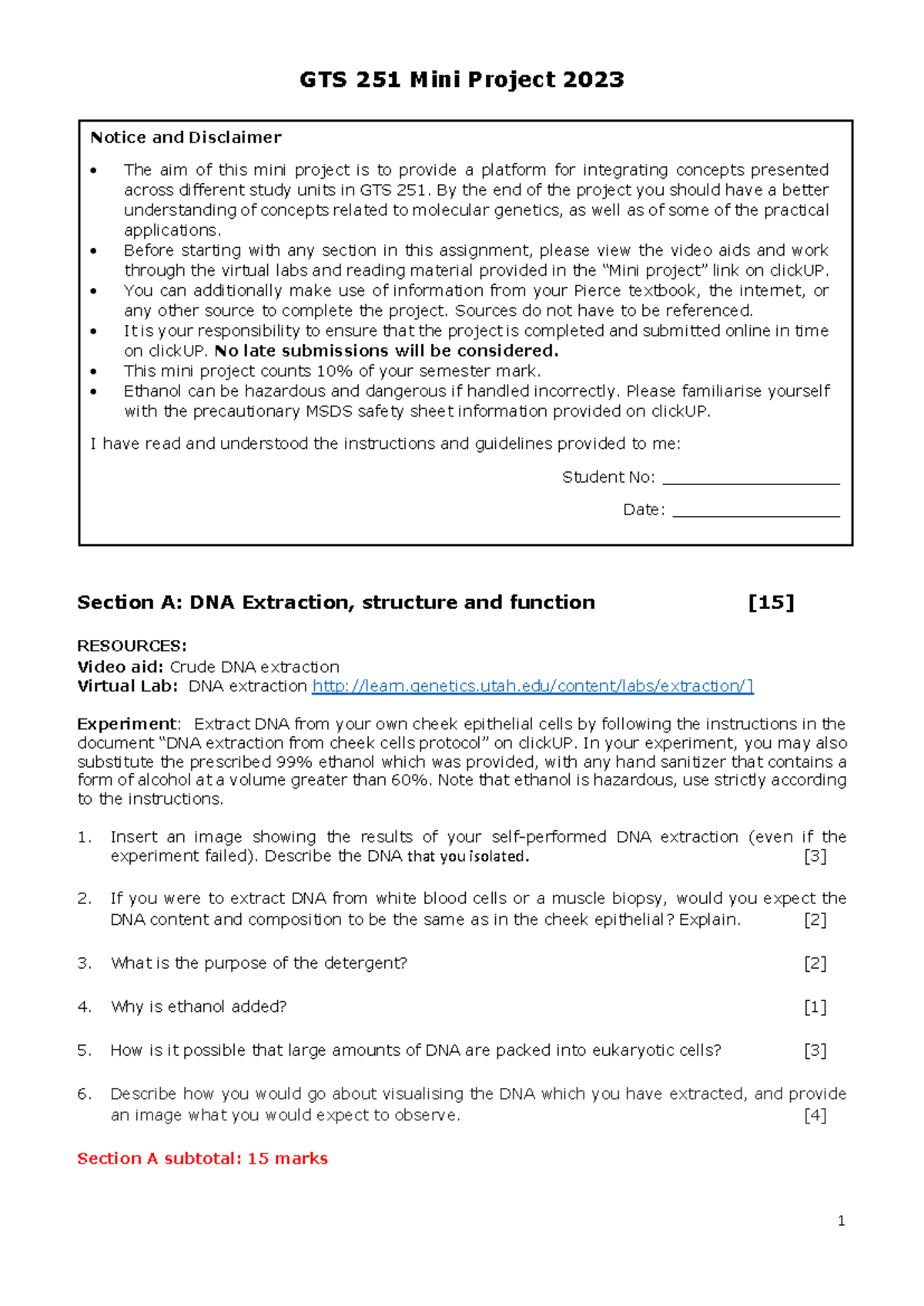 GTS 251 Mini Project 2023 - GTS 251 Mini Project 202 3 Section A: DNA ...