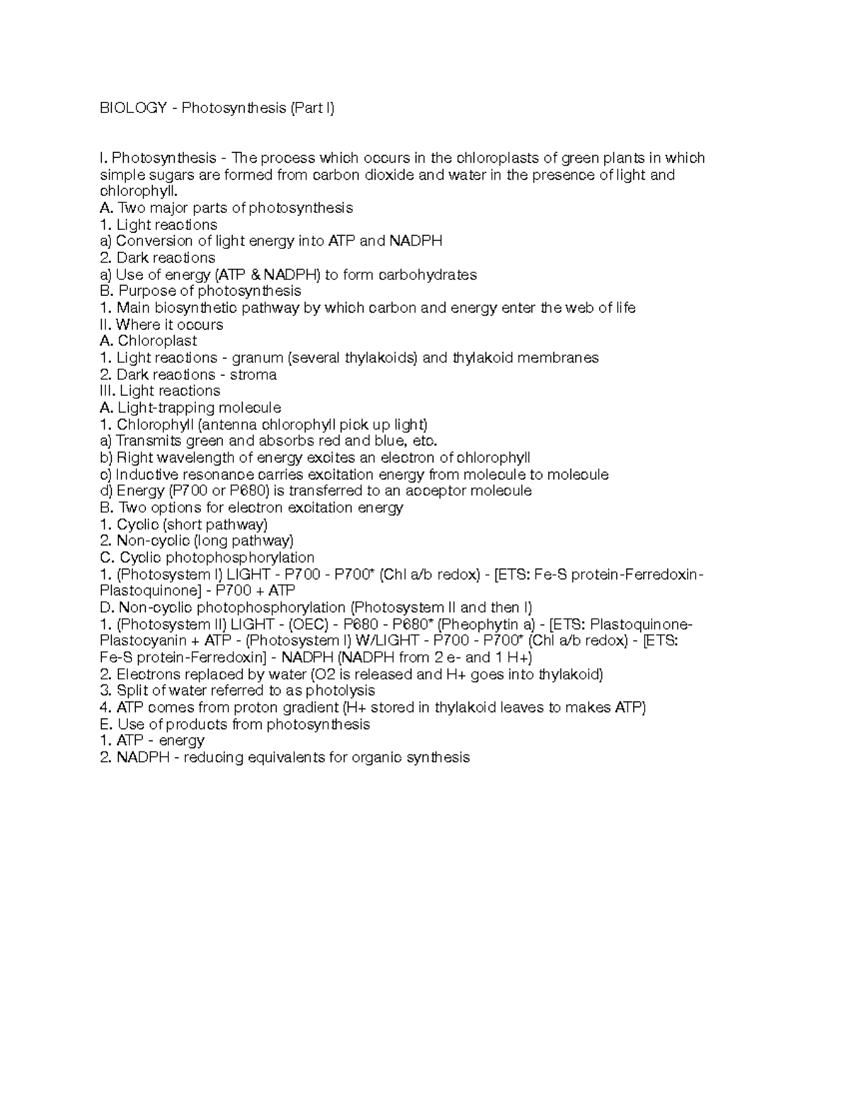 Bio 2 - Notes - BIOLOGY - Photosynthesis (Part I) I. Photosynthesis ...