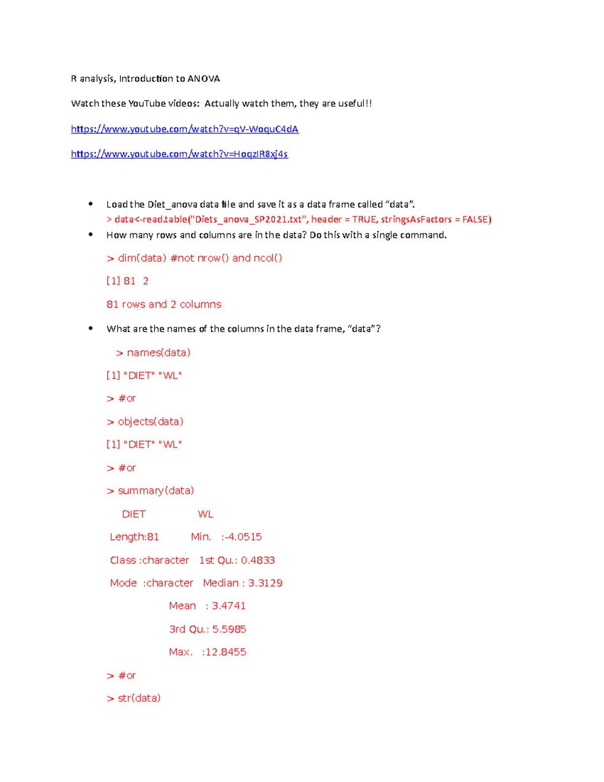 BIOL 340 R Anova SP2022 key - R analysis, Introduction to ANOVA Watch ...
