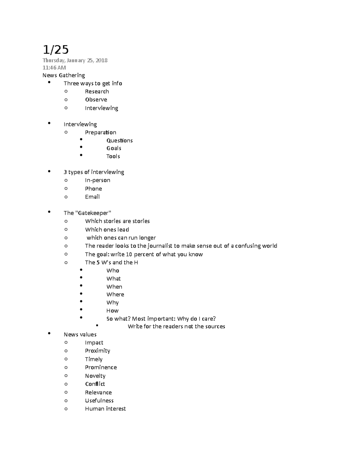 1:25 - class notes - Thursday, January 25, 2018 11:46 AM News Gathering ...