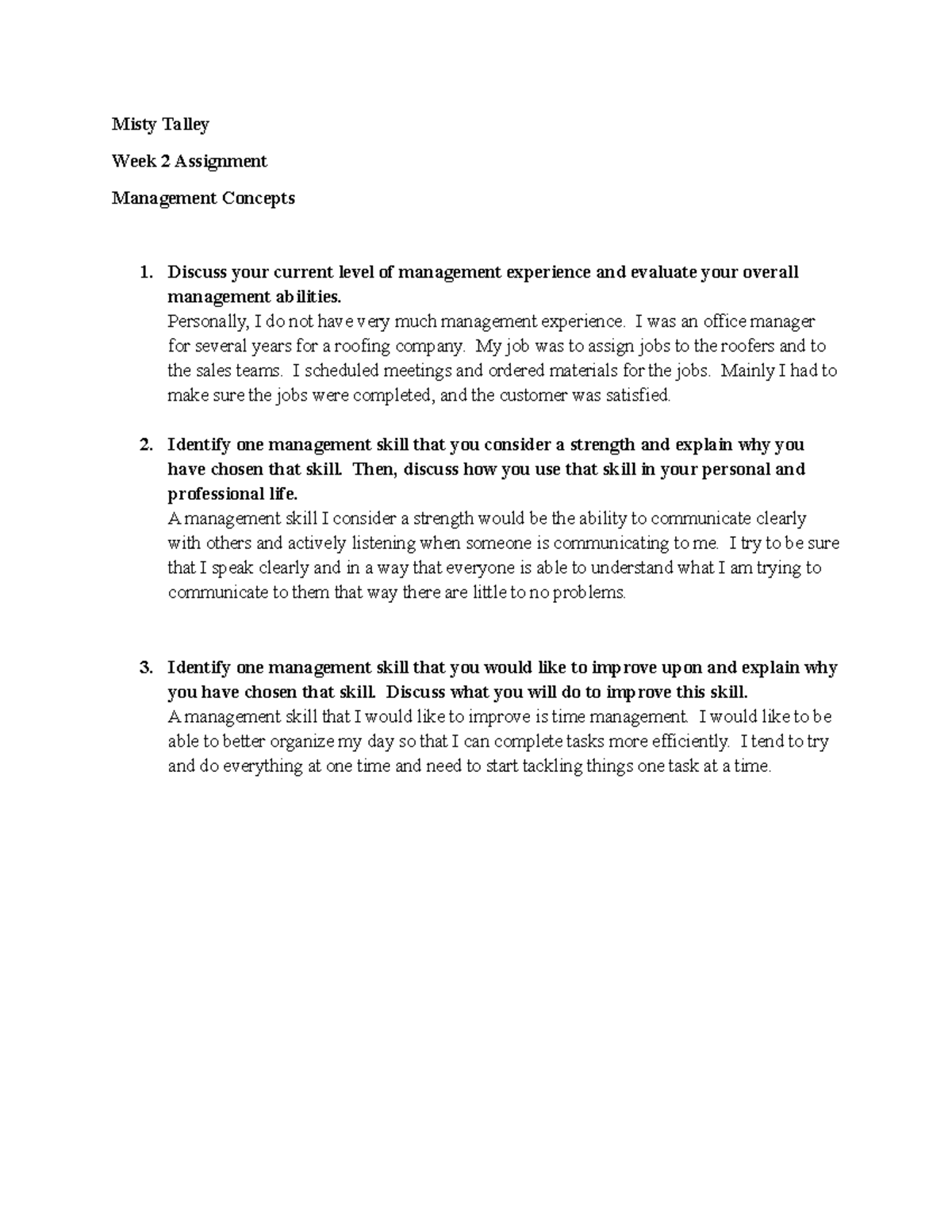 Week 2 assignment - Misty Talley Week 2 Assignment Management Concepts ...