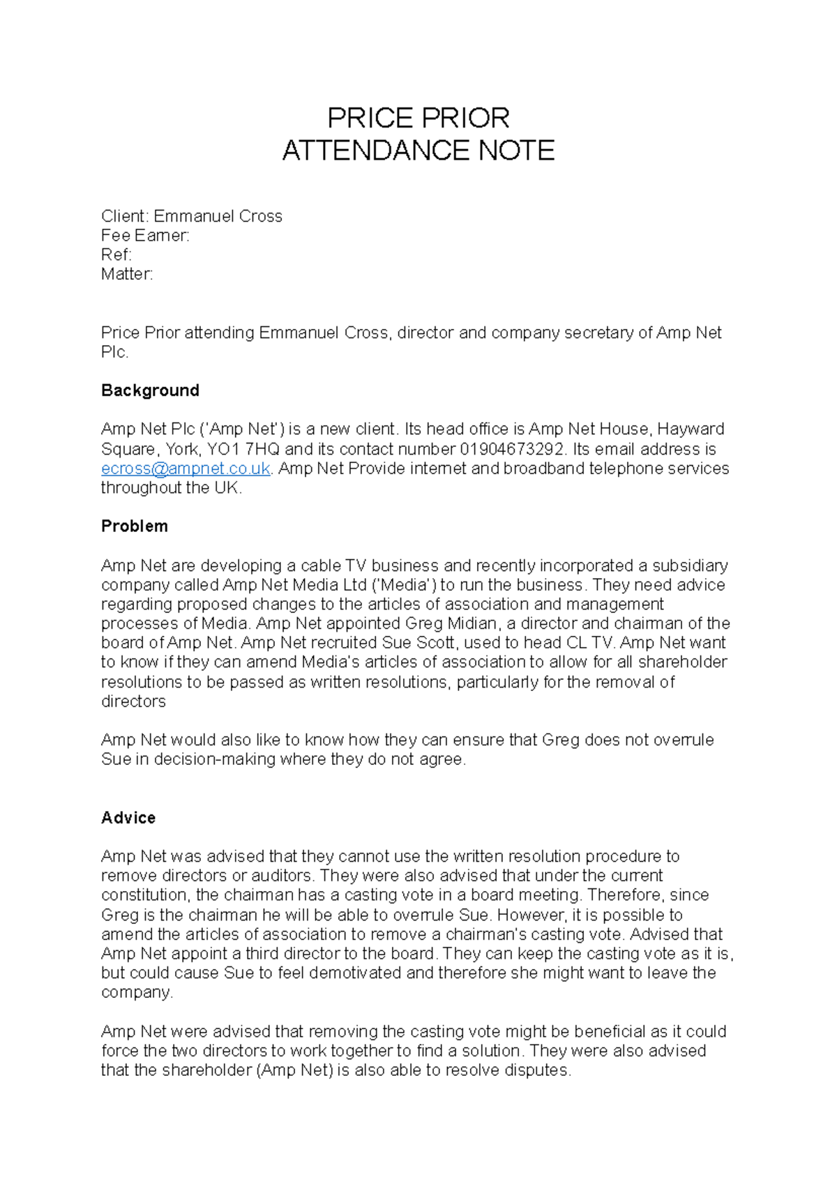 Attendance NOTE Example - PRICE PRIOR ATTENDANCE NOTE Client: Emmanuel ...