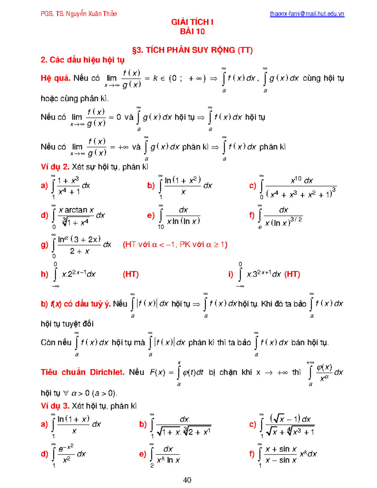 Bai 10 GT1-BK - Tích phân - GI I TÍCH I BÀI 10 §3. TÍCH PHÂN SUY R NG (TT) 2. Các d u hi u h i t ...
