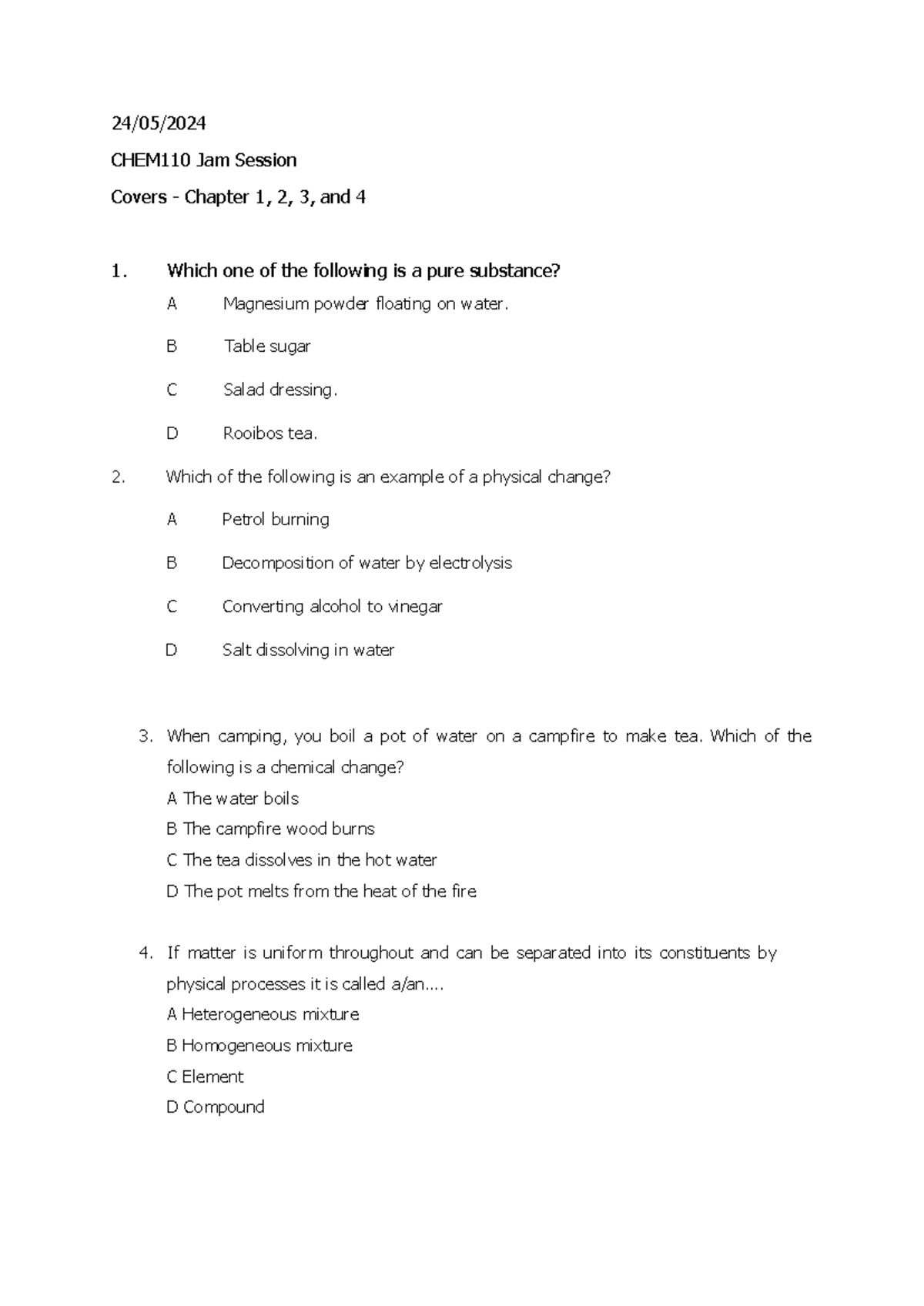 Jam session worksheet - practise material for exam - 24/05/ CHEM110 Jam ...