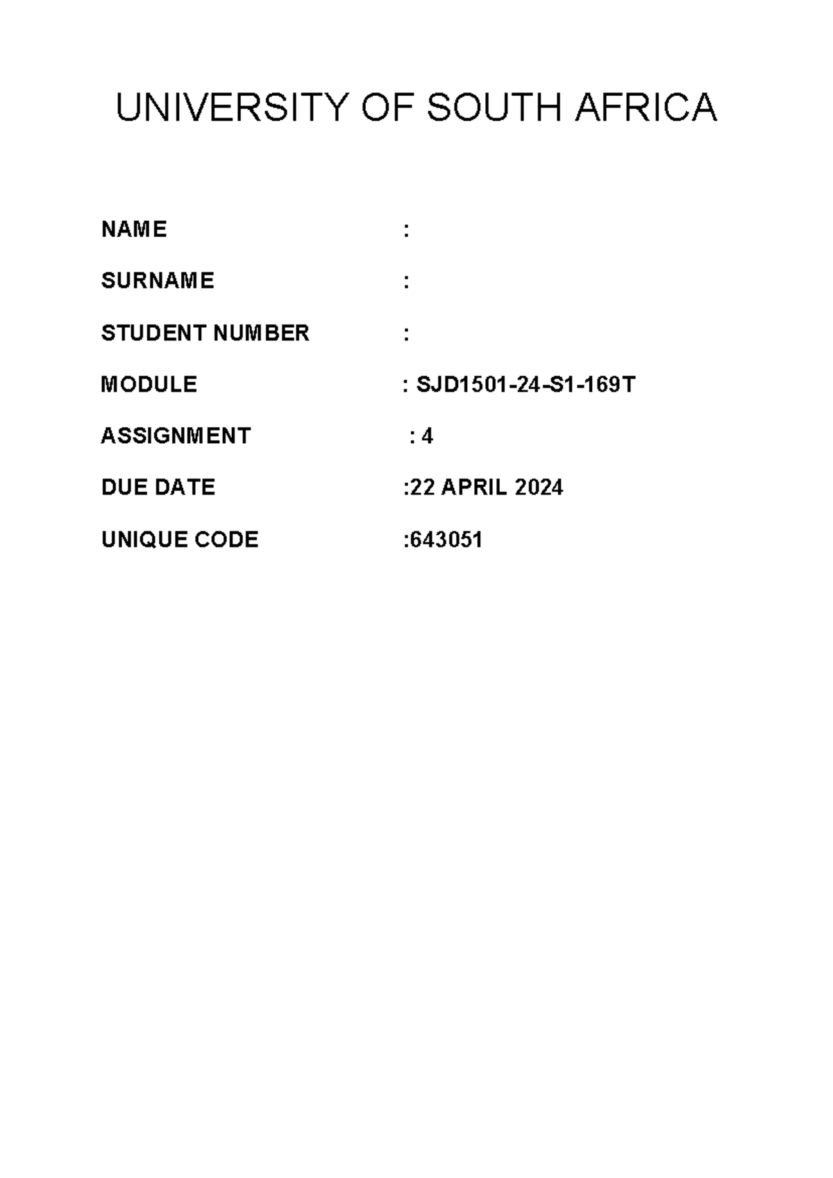 SJD 1501 Assignment 44 - SJD MANDATORY ASS 4 - NAME : SURNAME : STUDENT ...