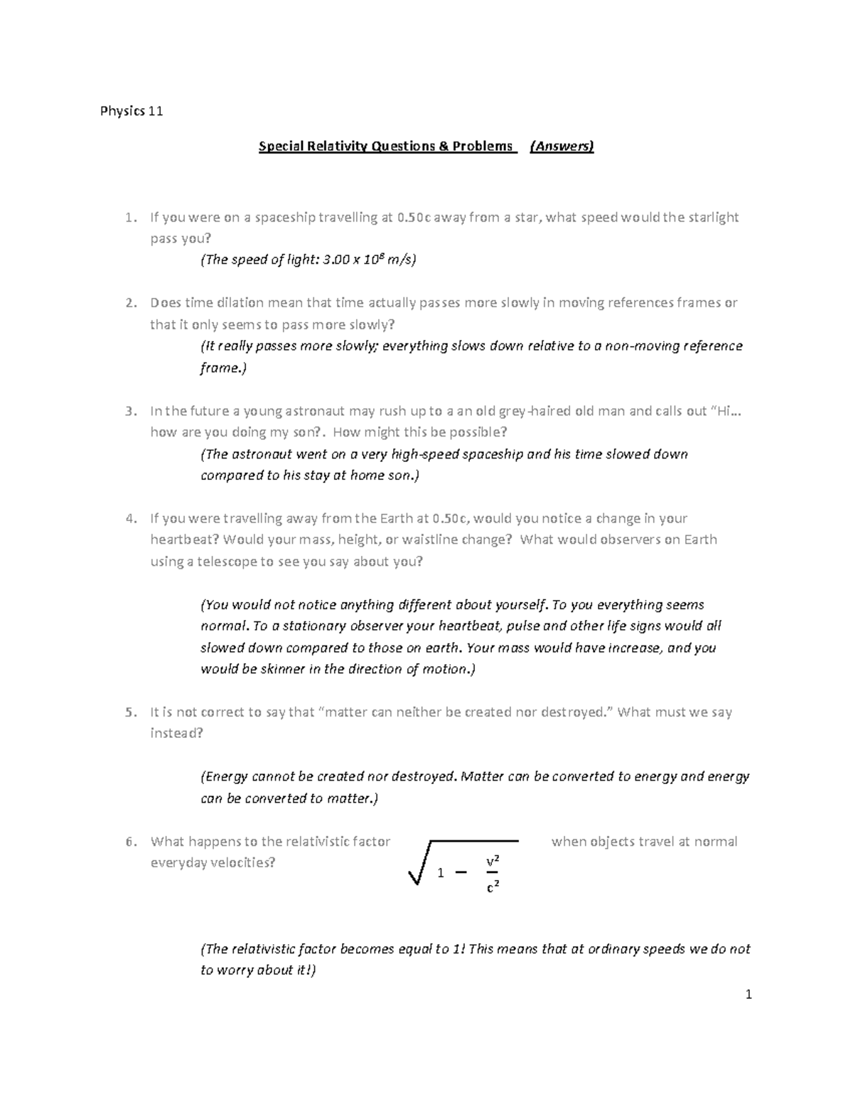 Relativity Worksheet Concepts 9th Grade