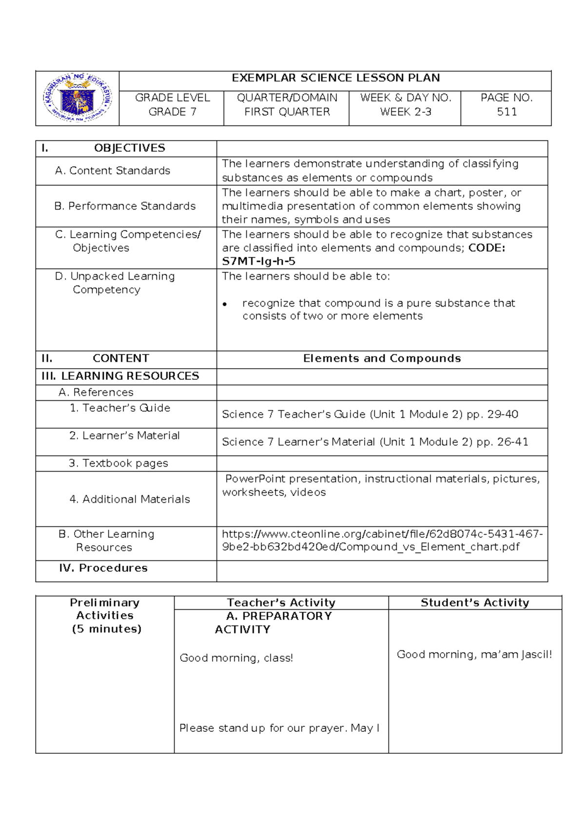 Jas 3rd lp - Low point process - EXEMPLAR SCIENCE LESSON PLAN GRADE ...