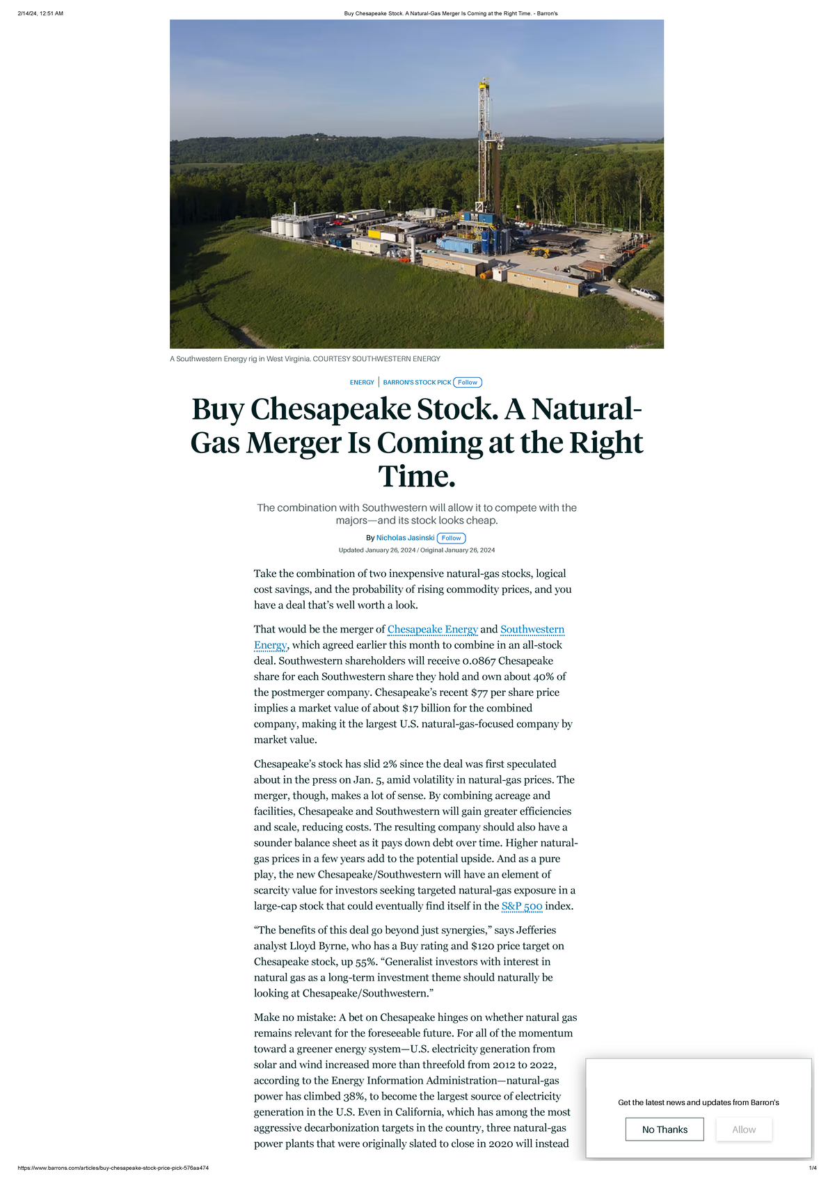 Buy Chesapeake Stock. A Natural-Gas Merger Is Coming at the Right Time ...