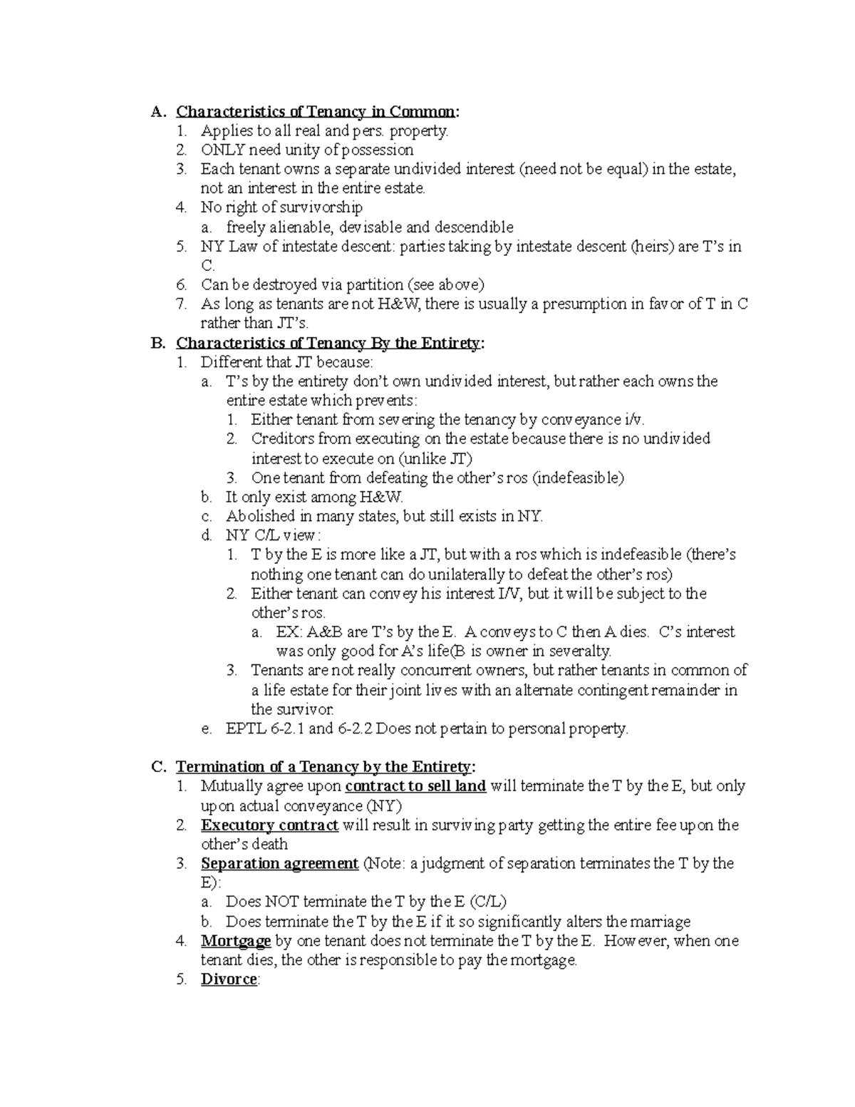 Property Law Outline - 1 - A. Characteristics of Tenancy in Common: 1 ...
