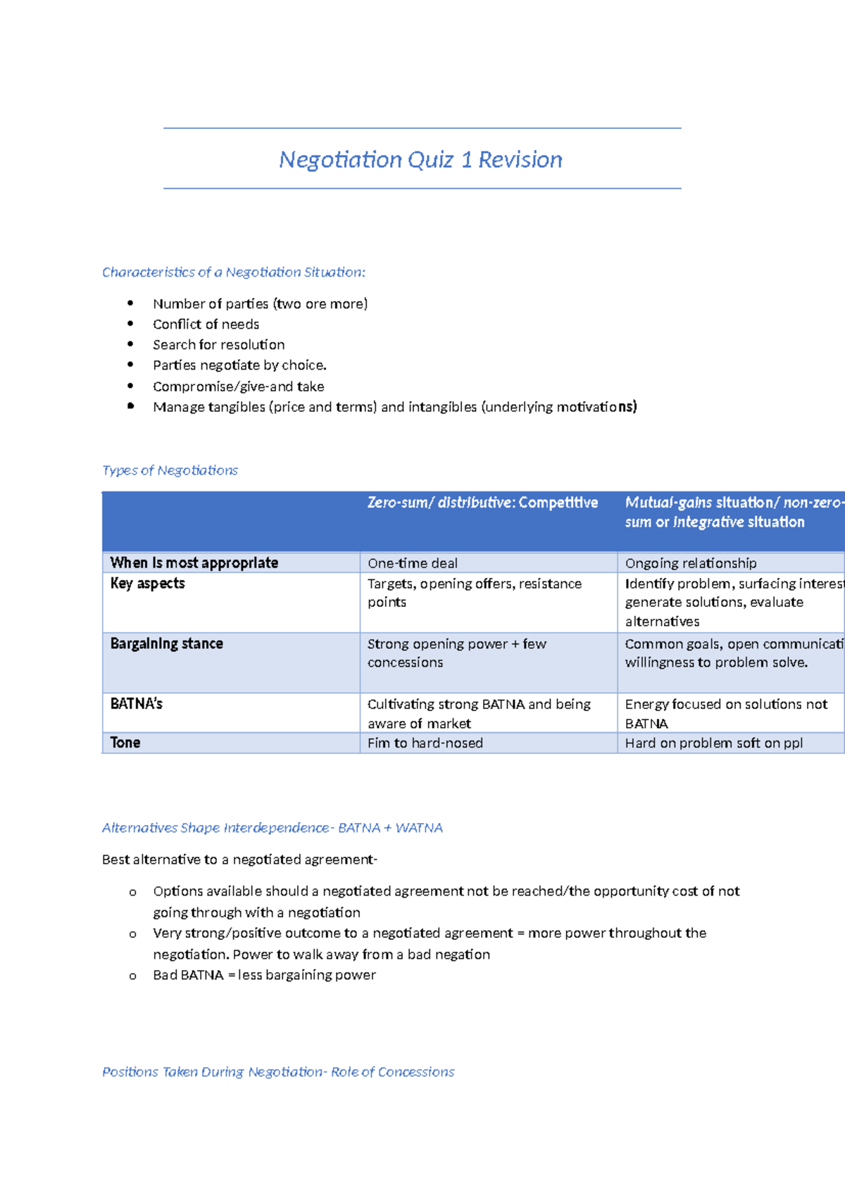 Negotiation Quiz 1 Revision - Negotiation Quiz 1 Revision Characteristics of a Negotiation - Studocu