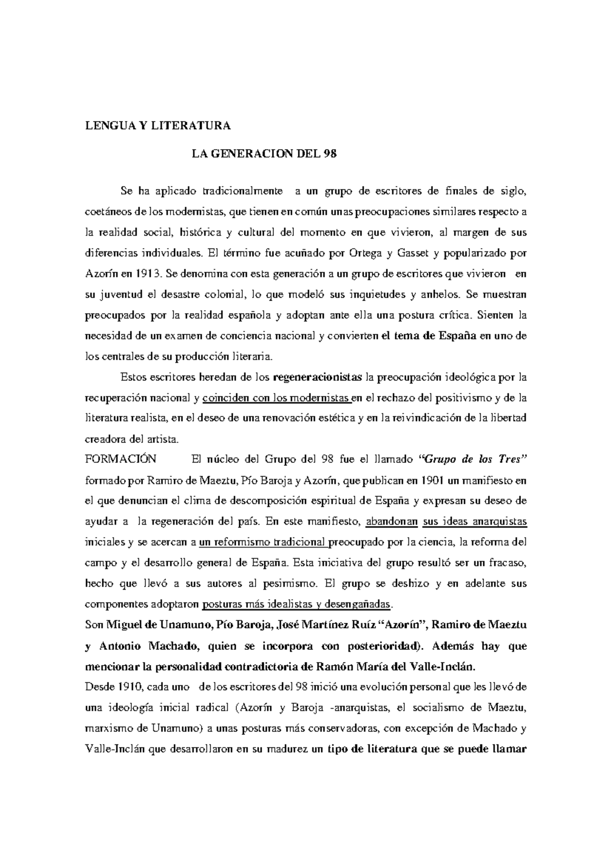 Lengua Y Literatura - LA GENERACION DEL 98 - LENGUA Y LITERATURA LA ...