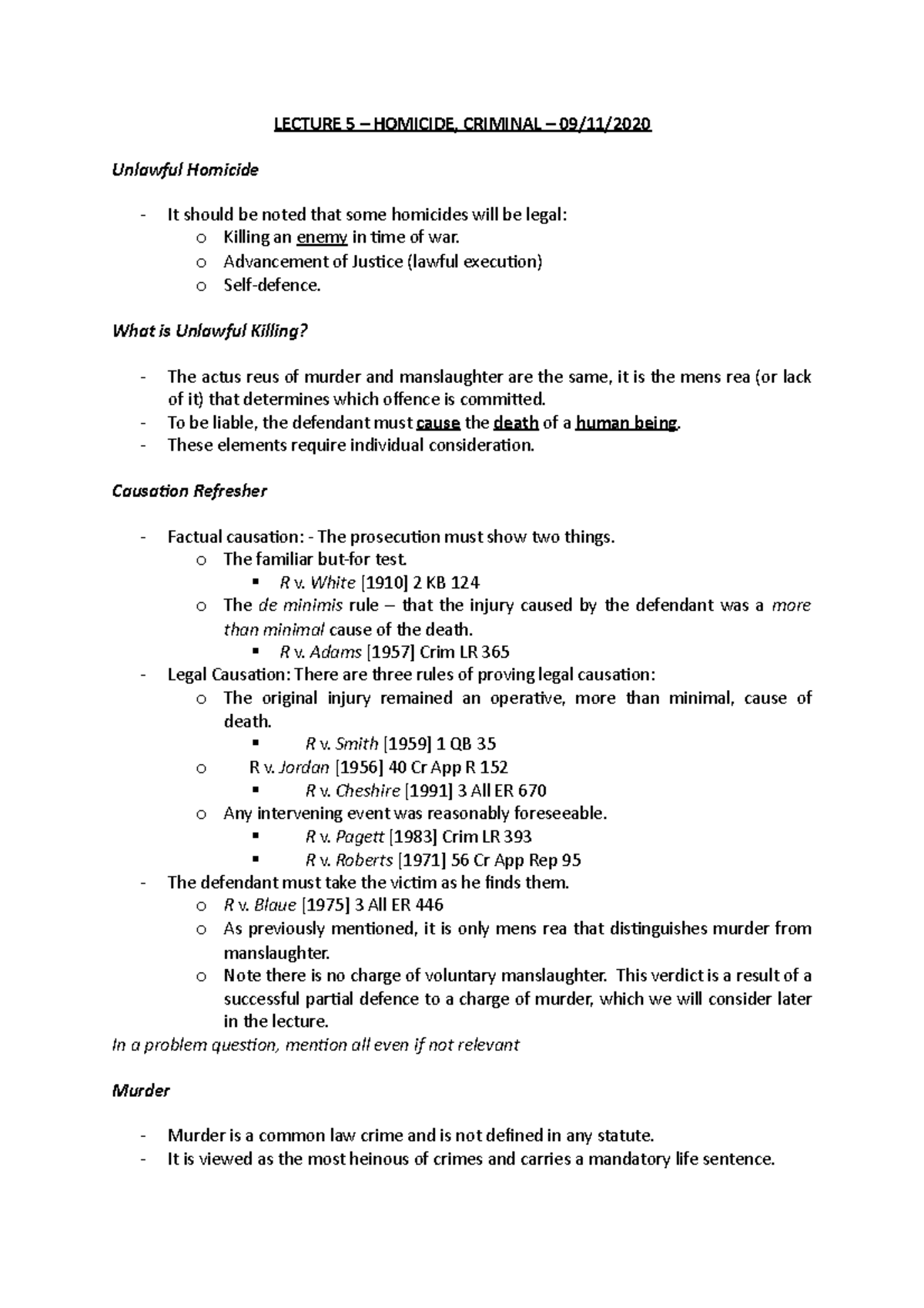 Homicide - Criminal Law - LECTURE 5 – HOMICIDE, CRIMINAL – 09/11 ...