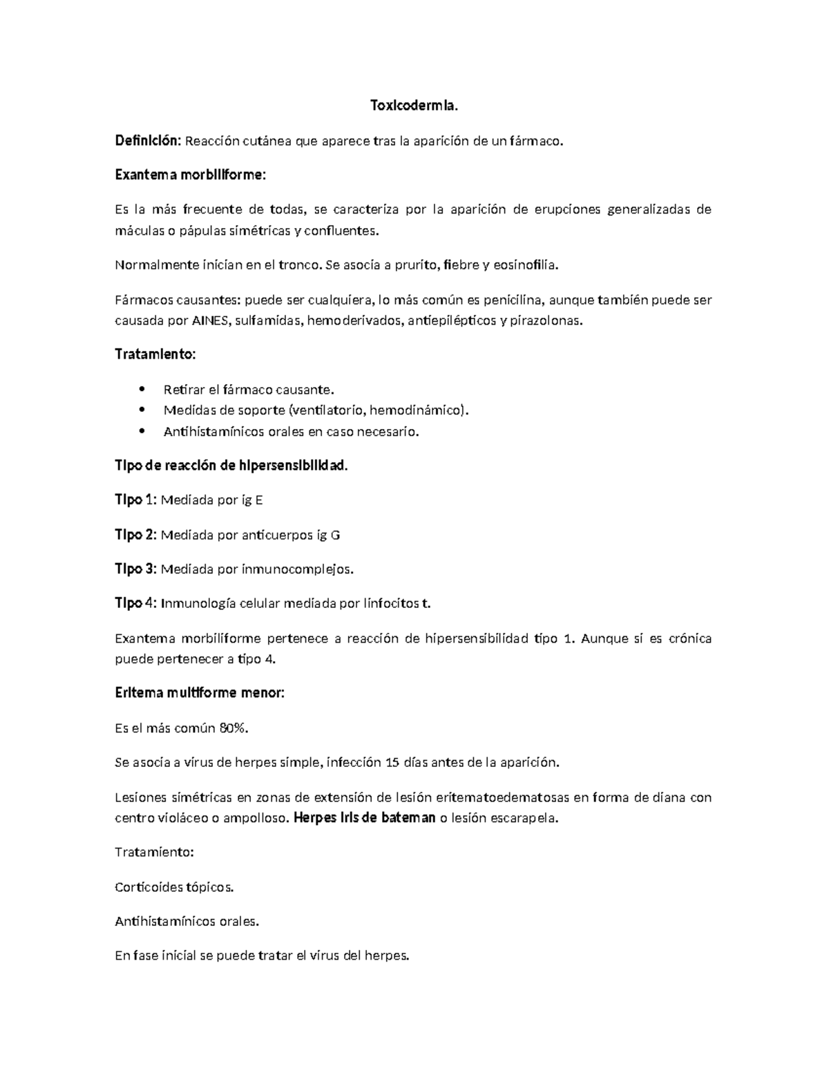 Toxicodermias - resumen - Toxicodermia. Definición: Reacción cutánea que aparece tras la ...