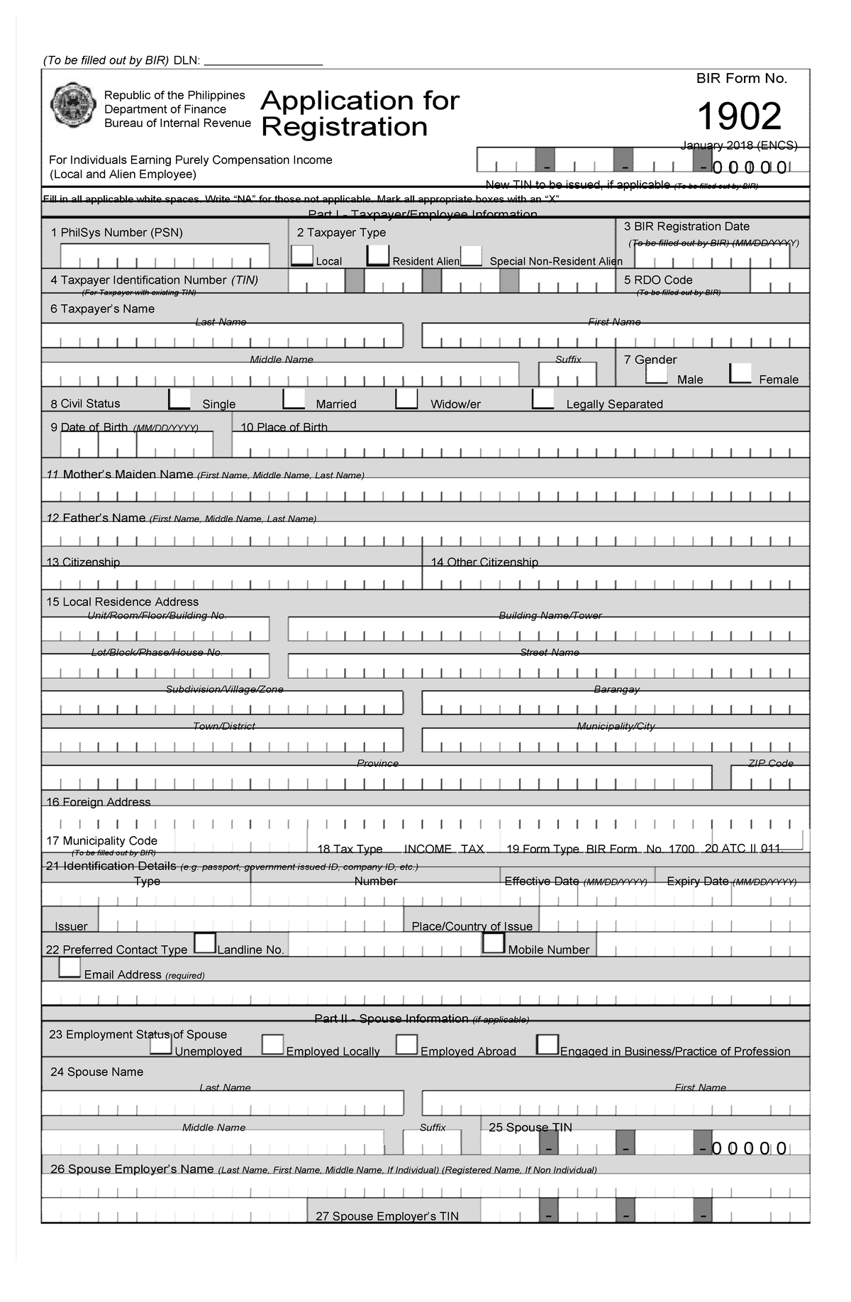 Bir tin application form 1902 0 0 0 0 0 To Be Filled Out By BIR DLN
