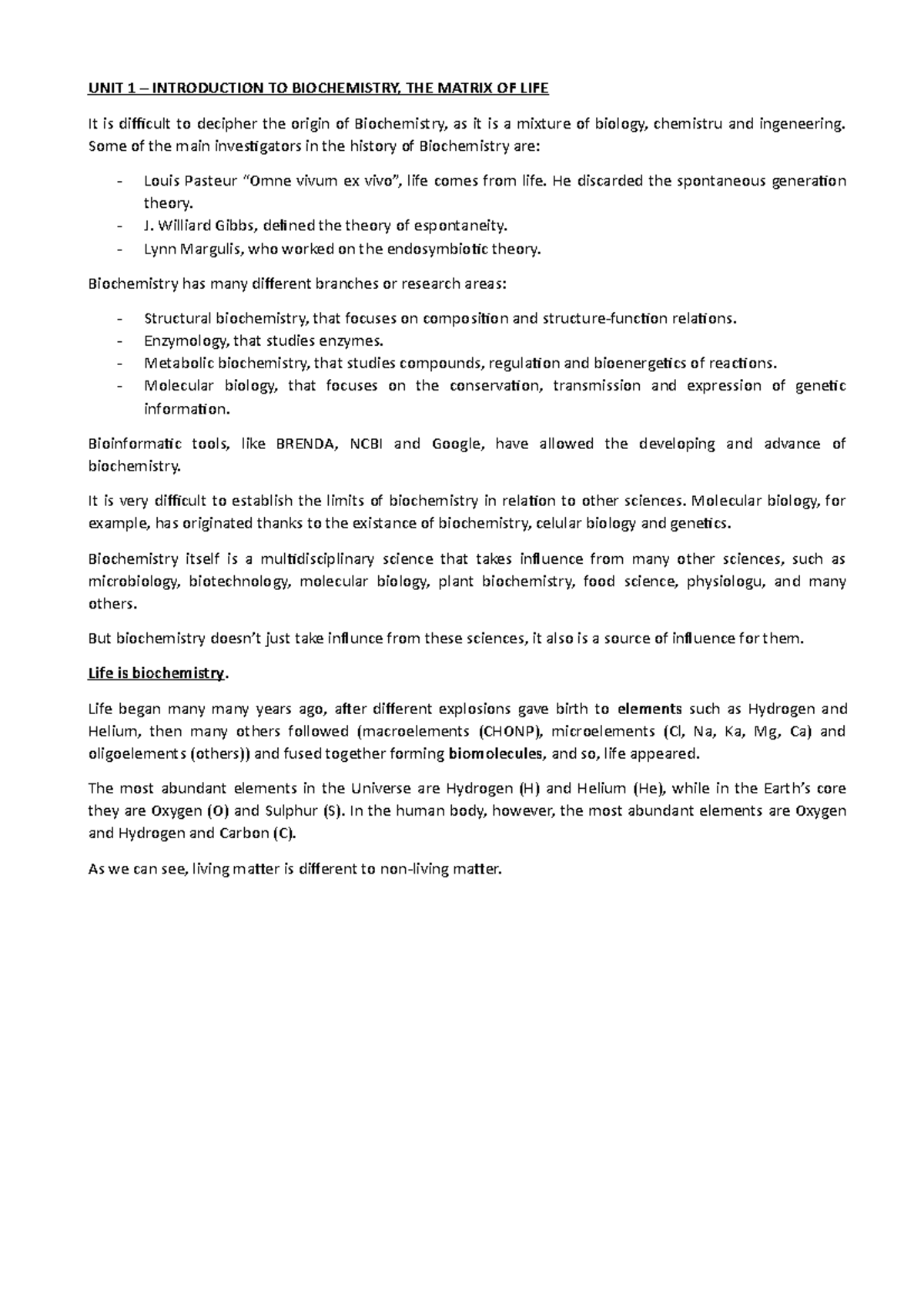UNIT 1 - Introduction to Biochemistry - UNIT 1 – INTRODUCTION TO BIOCHEMISTRY, THE MATRIX OF ...