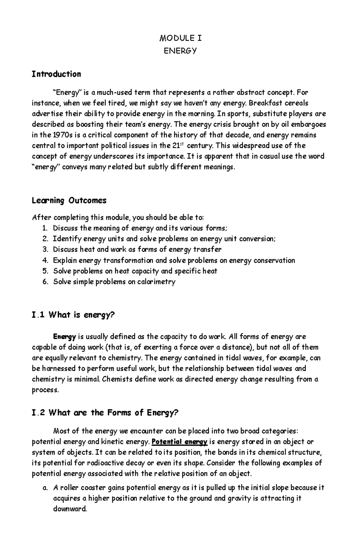 Module-1-Energy - Lecture notes 1 - MODULE I ENERGY Introduction ...