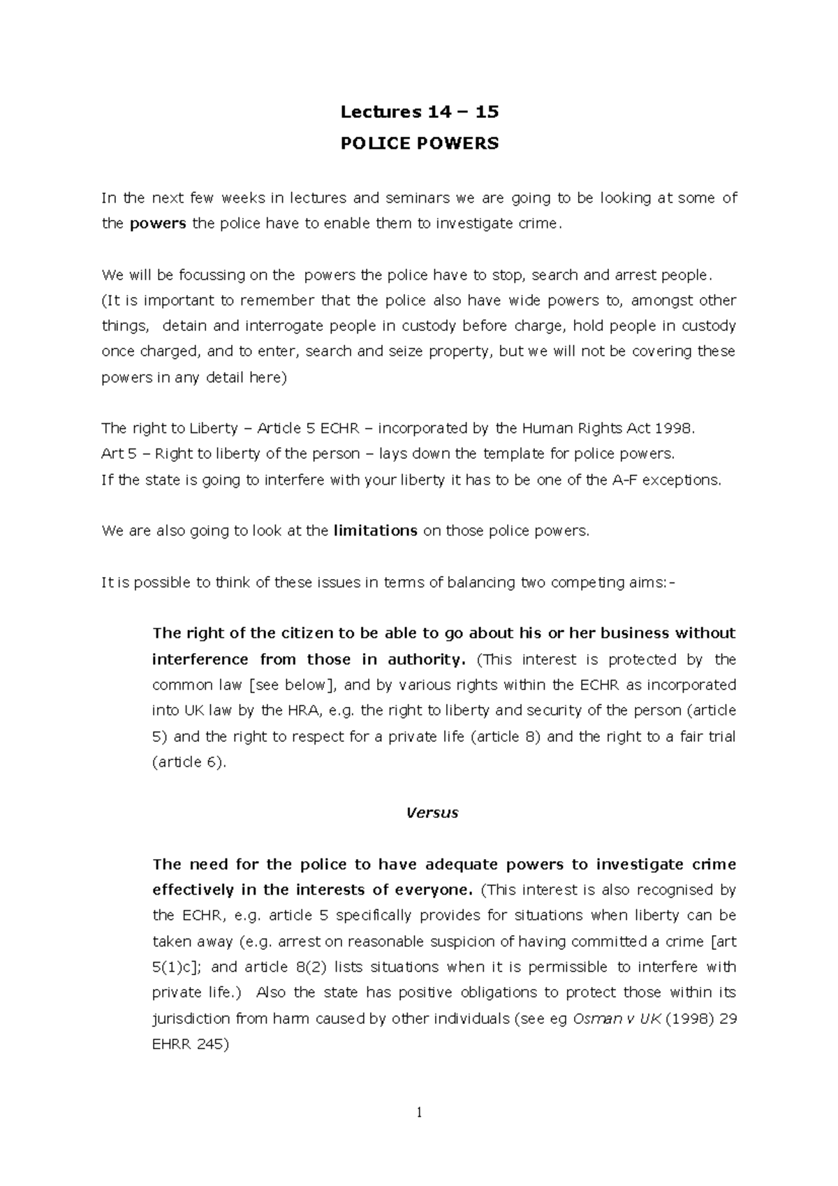 Lecture 14+15 - jeff - Lectures 14 – 15 POLICE POWERS In the next few ...