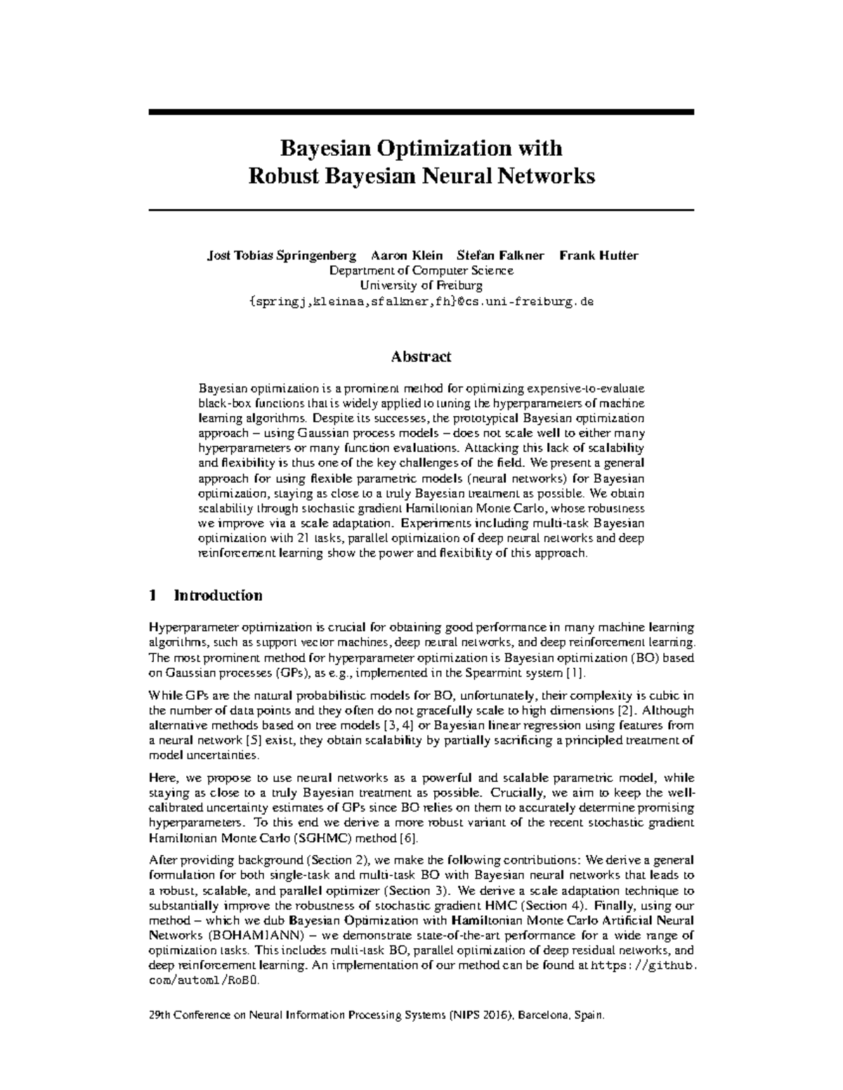 Bayesian Optimization with Robust Bayesian Neural Networks - Bayesian Optimization with Robust ...