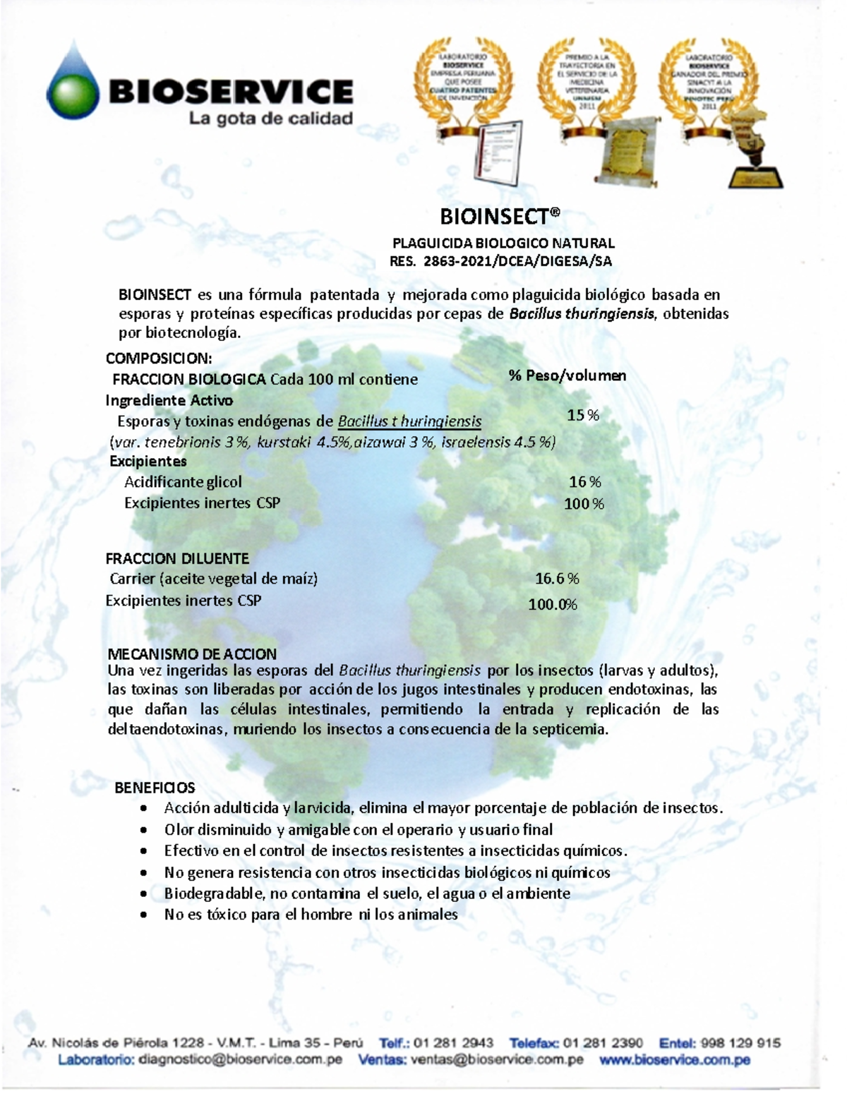 HOJA Tecnica Bioinsect 2021 - BIOINSECT® PLAGUICIDA BIOLOGICO NATURAL RES. 2863-2021/DCEA/DIGESA ...