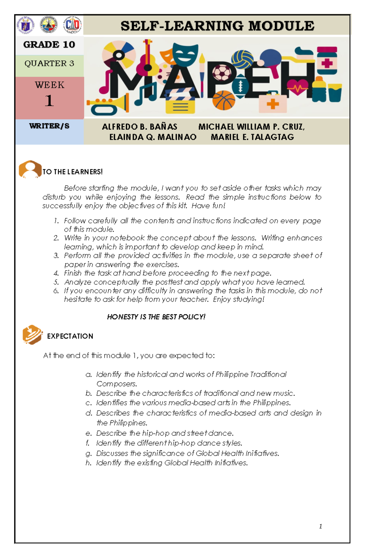 Mapeh 10 Q3 Week 1 1 again i feel special - TO THE LEARNERS! Before ...