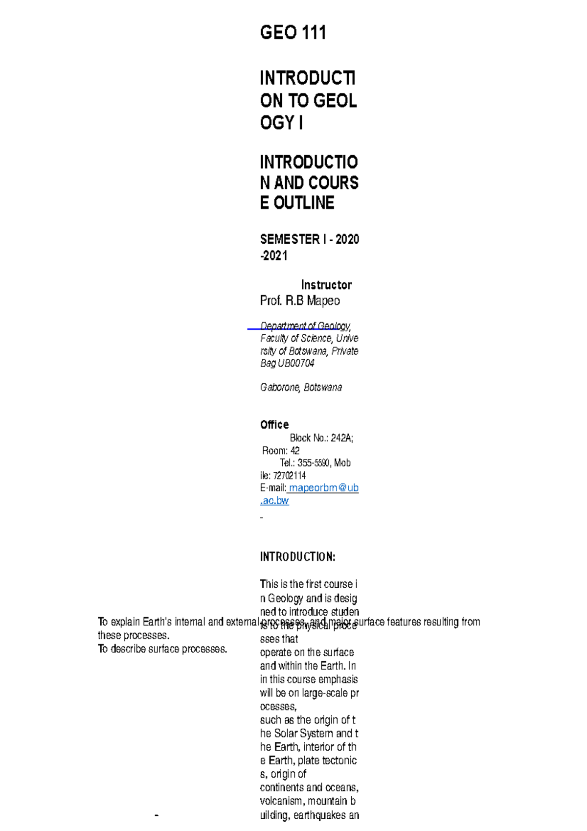 Geology GEO111 Course Outline 2020 to 2021 - GEO 111 INTRODUCTI ON TO ...