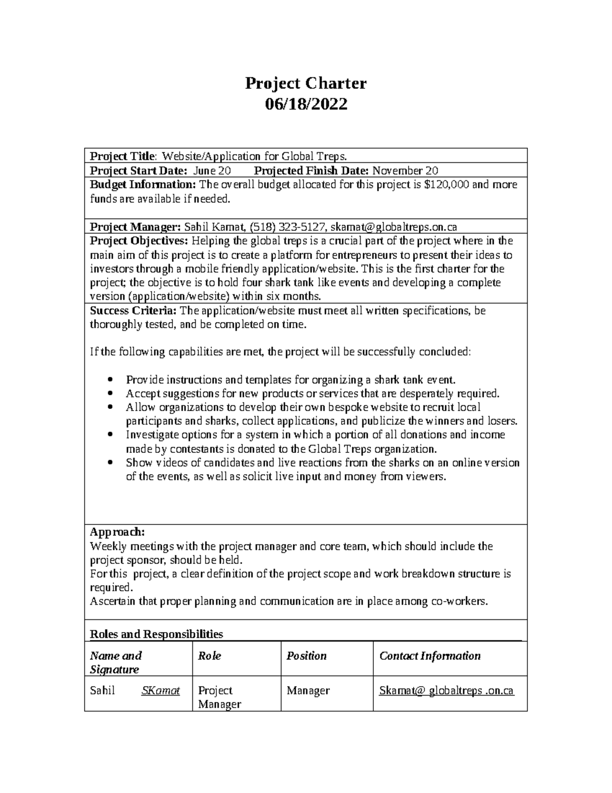 Project charter - Project Charter 06/18/ Project Title : Website ...