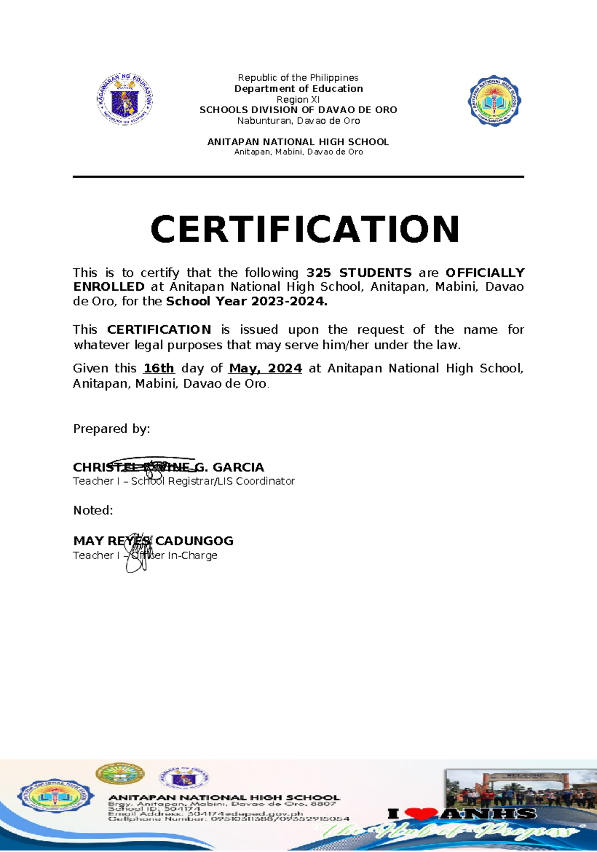 Certificate of Enrollment - Republic of the Philippines Department of ...