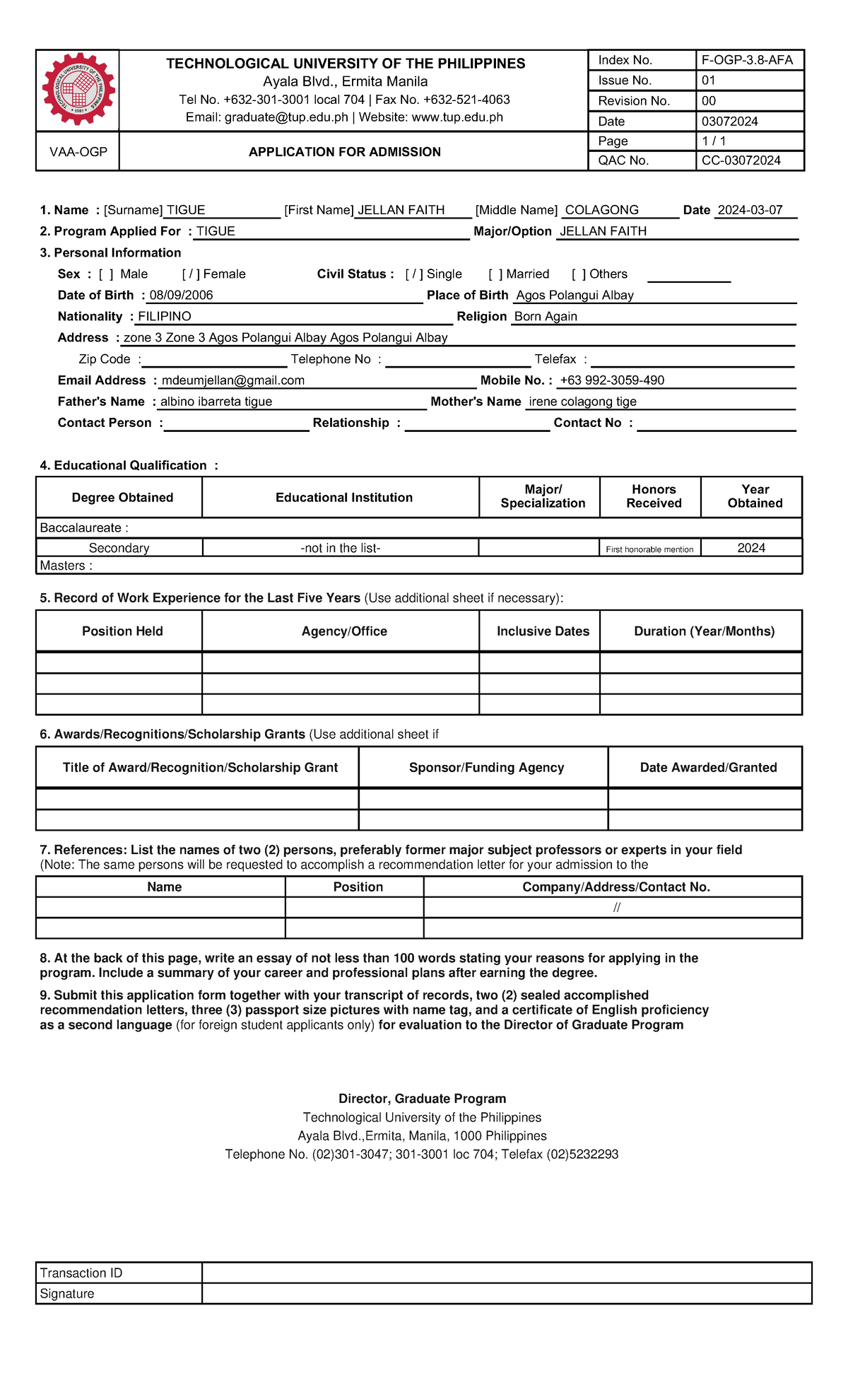 Application form.new.docd - TECHNOLOGICAL UNIVERSITY OF THE PHILIPPINES ...