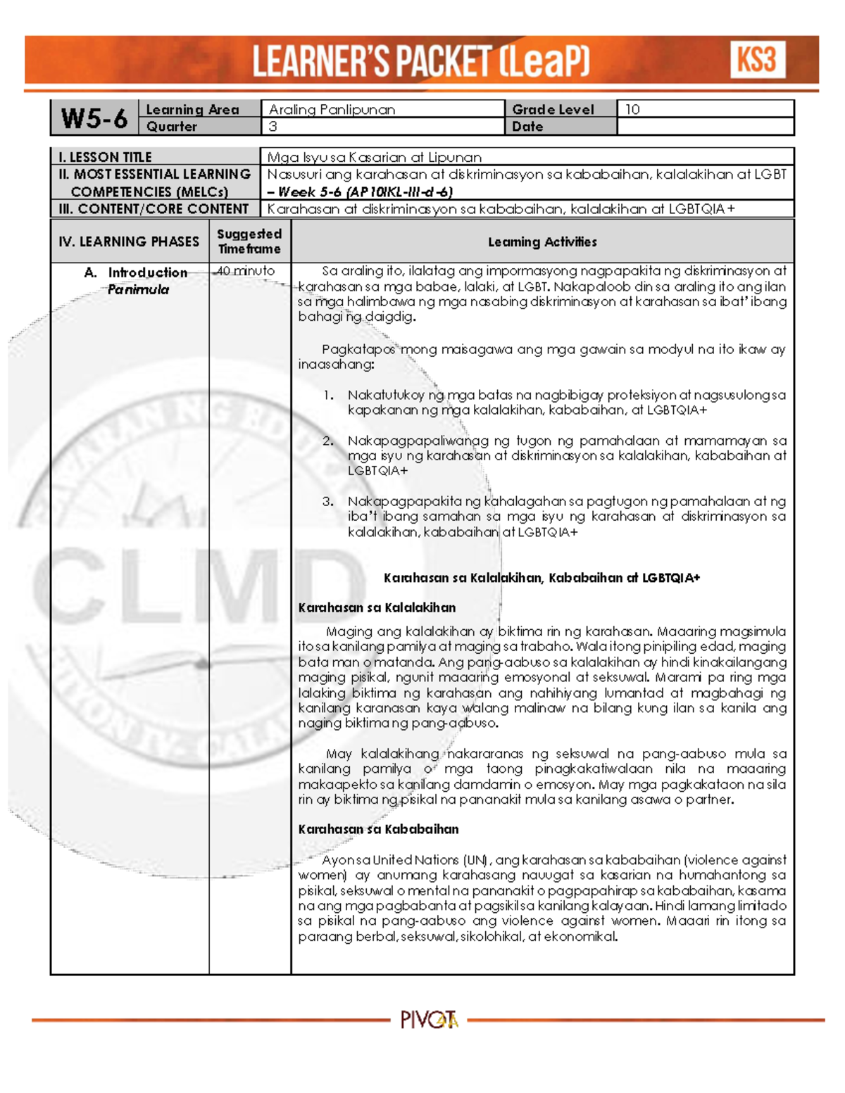 Lea P-AP-G10-Weeks-5-6-Q3 removed - W5- Learning Area Araling Panlipunan Grade Level 10 Quarter ...