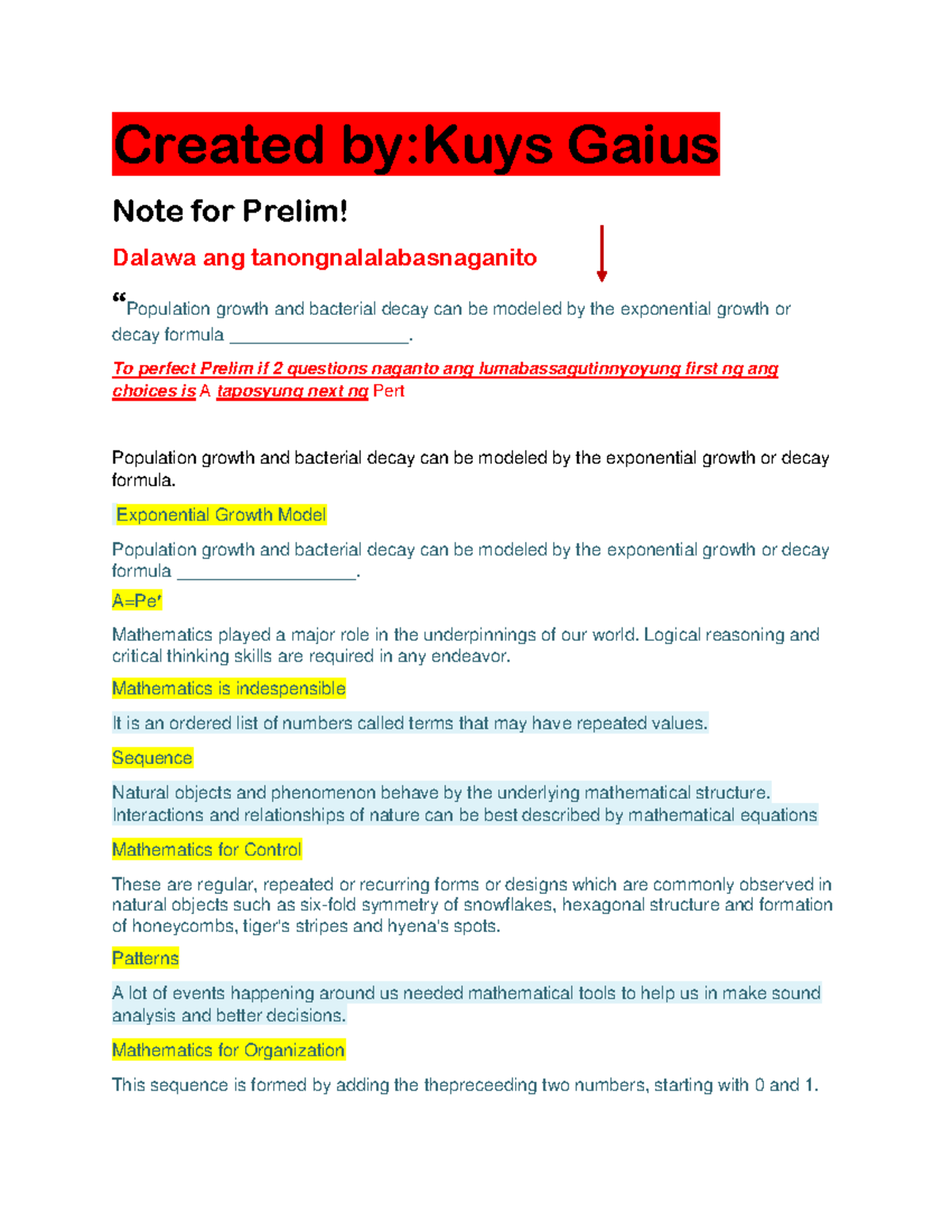 Pretest mmw - Mathematics - Created by:Kuys Gaius Note for Prelim ...