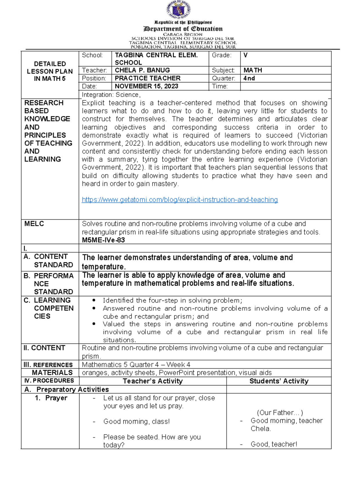 Co3-chela-math - COT - DETAILED LESSON PLAN IN MATH 5 School: TAGBINA ...