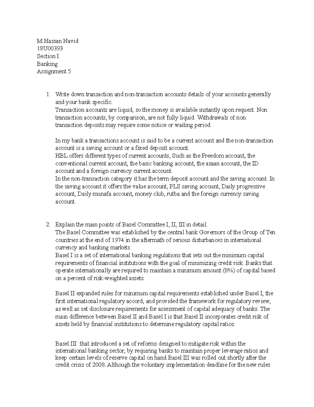 Banking assignment 5 M.Hassan Navid - M Navid 18U Section I Banking Assignment 5 Write down ...