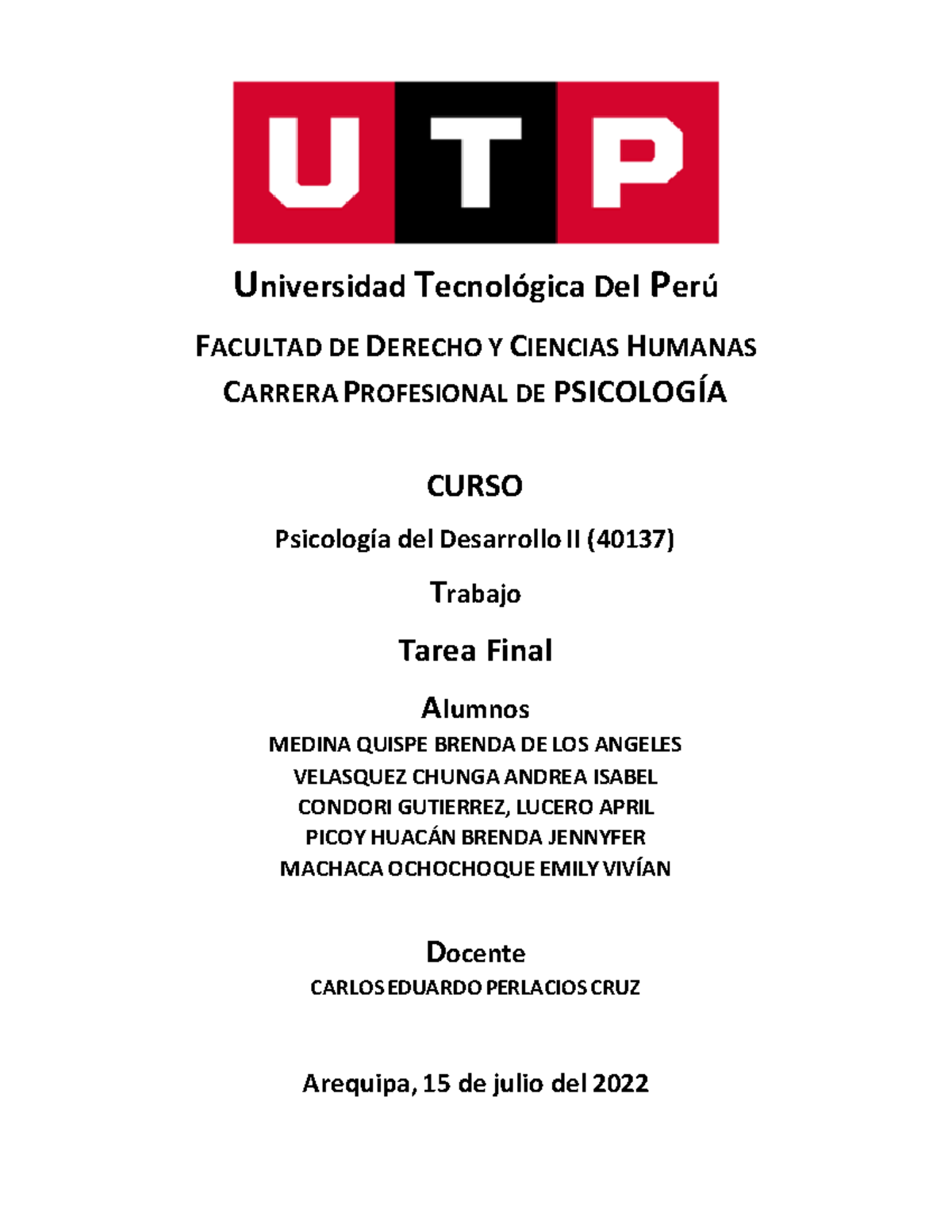 Trabajo Final Desarrollo - Psicología del Desarrollo II - UTP - StuDocu