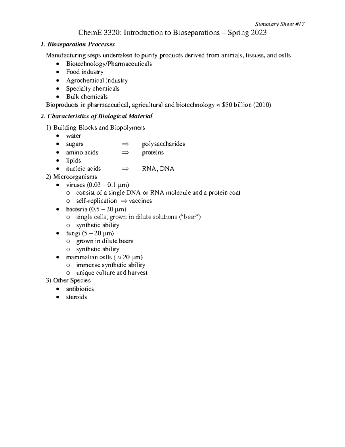 Chem E 3320 Summary 17 - Bioseparation - Summary Sheet # ChemE 3320 ...