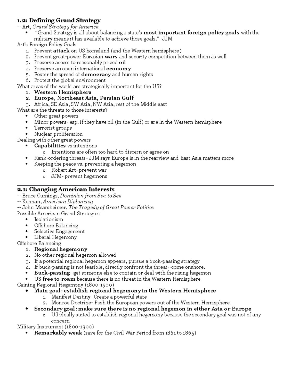 American Grand Strategy Lecture Notes Summary - 1: Defining Grand ...