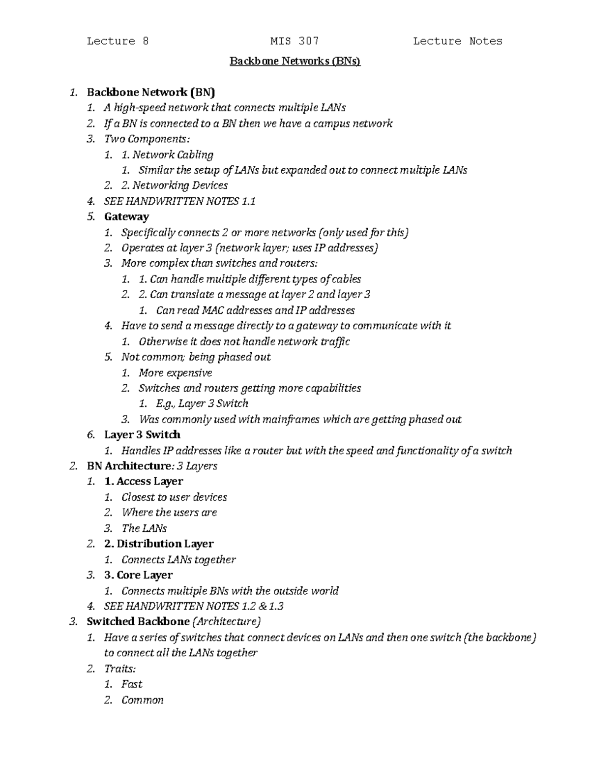 Backbone Networks (BNs) - Lecture 8 MIS 307 Lecture Notes Backbone ...