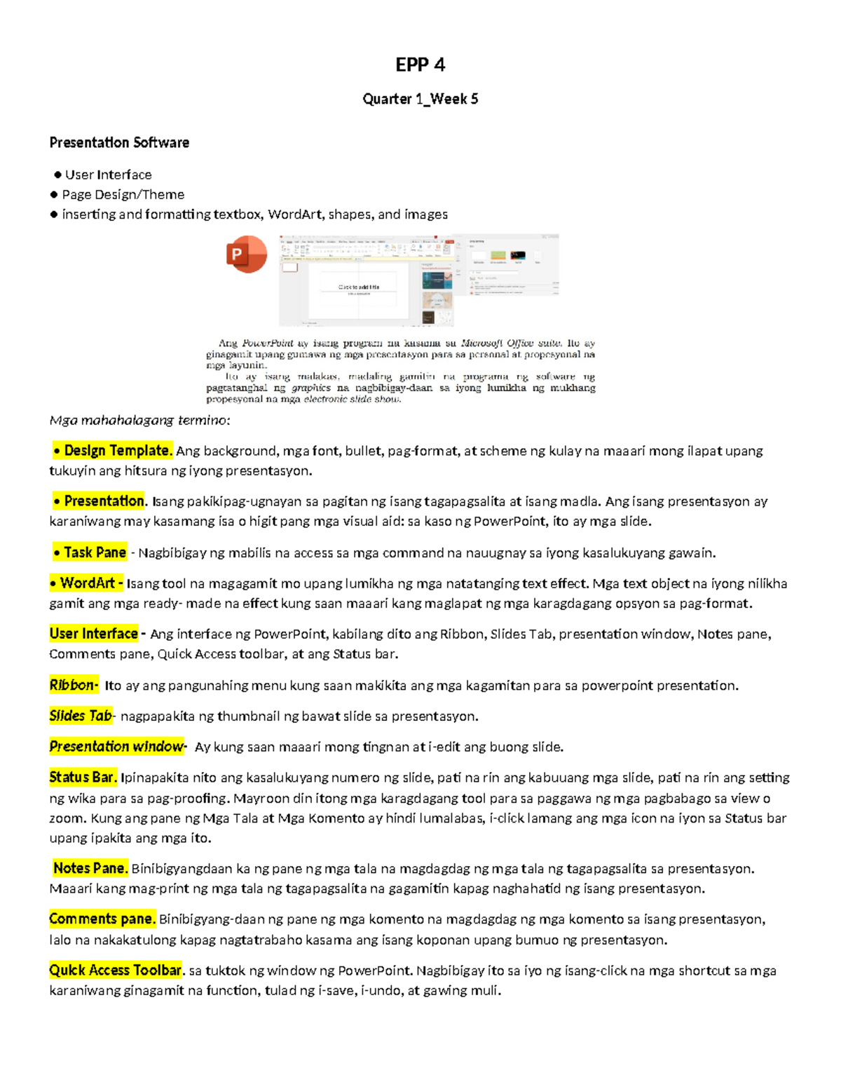 EPP 4 handouts week 5 - HANDOUT FOR PUPILS - EPP 4 Quarter 1_Week 5 Presentation Software User ...