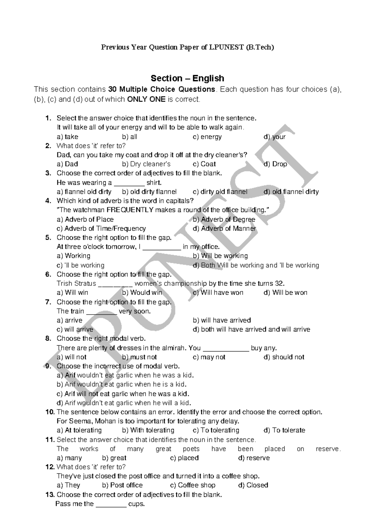 Lpunest(B - THE NOTES FROM WHICH I WAS - Previous Year Question Paper ...
