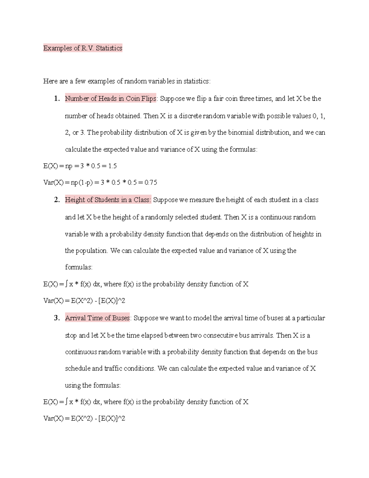 Examples of R.V. Statistics - Examples of R. Statistics Here are a few ...