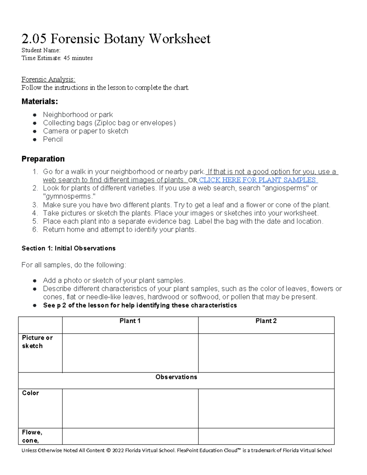 2 - 100 - 2 Forensic Botany Worksheet Student Name: Time Estimate: 45 ...