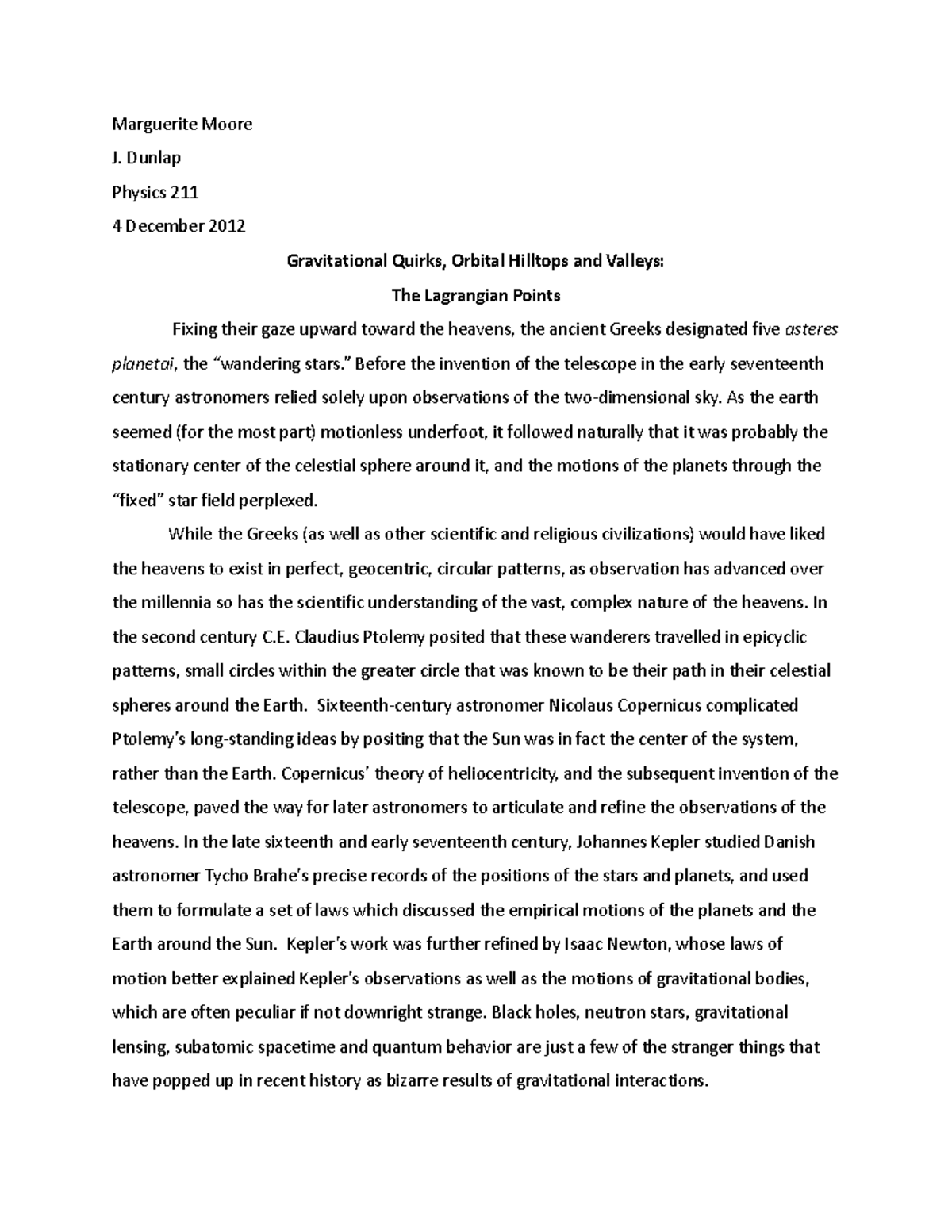 Example Term Paper - Marguerite Moore J. Dunlap Physics 211 4 December ...