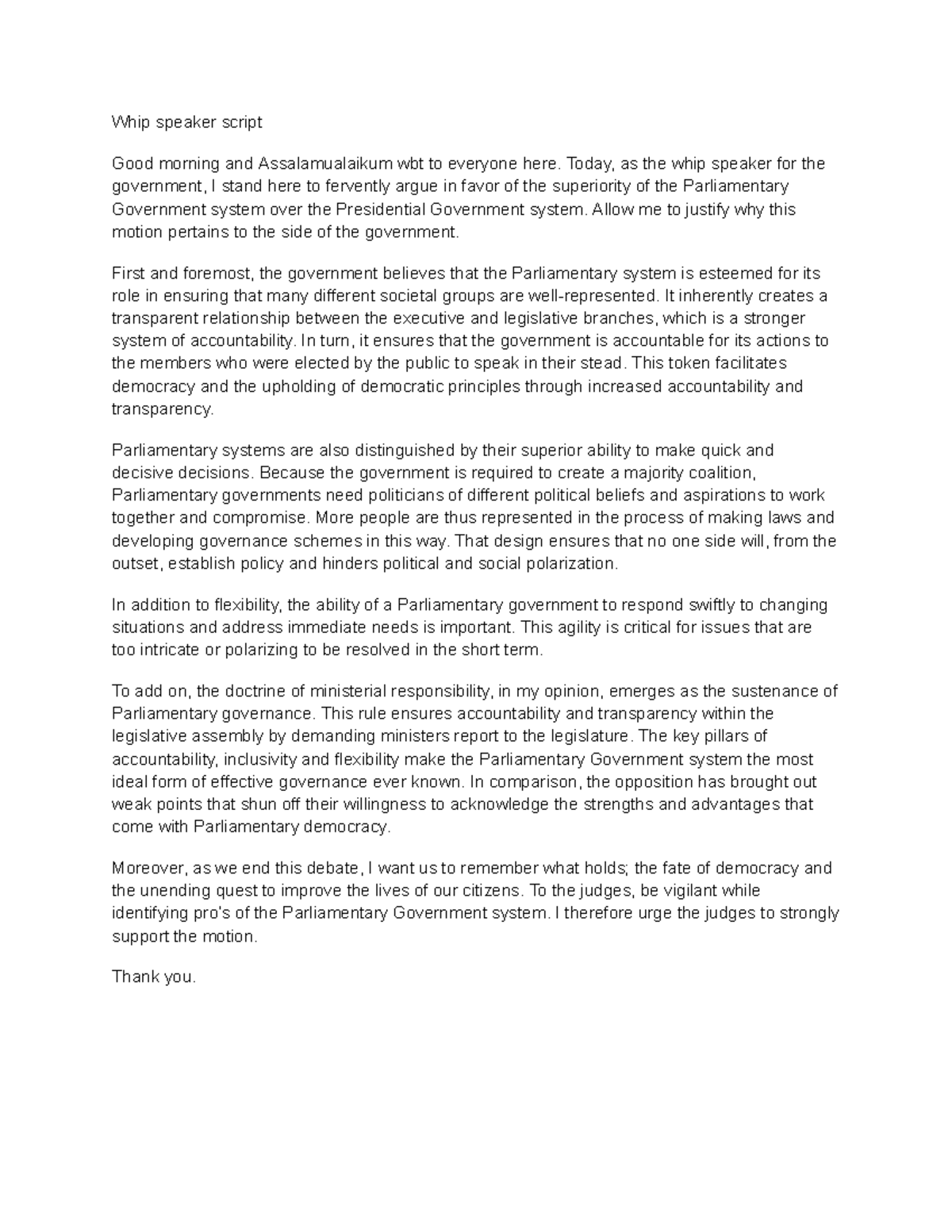 Whip speaker script on the topic Parliamentary Government system over ...